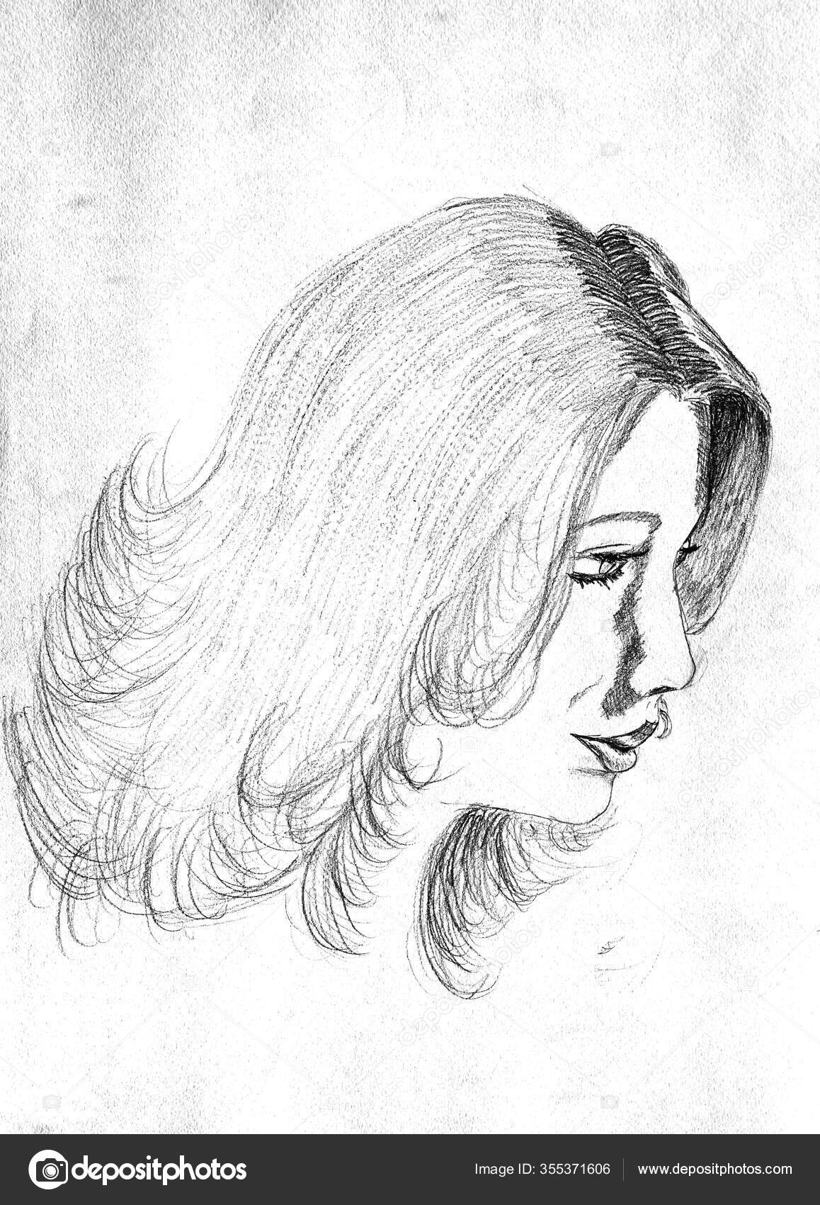 Black White Drawing Portrays Face Woman Seen Profile Stock Illustration ...