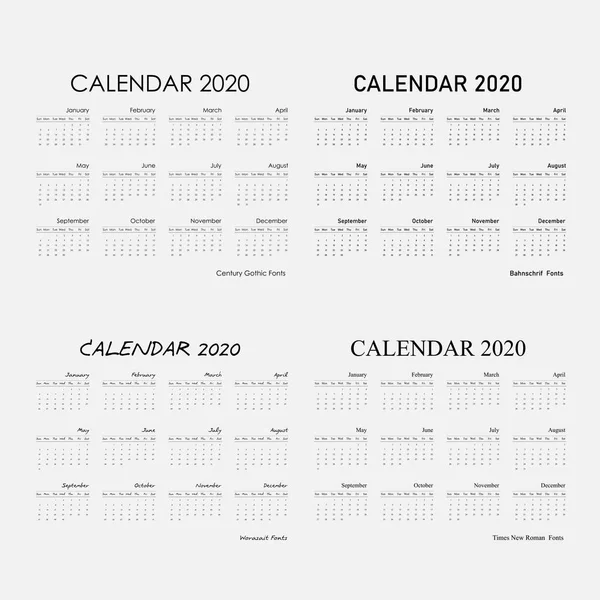 2020 Calendar Template Calendar 2020 Set Months Yearly Calendar Vector ...