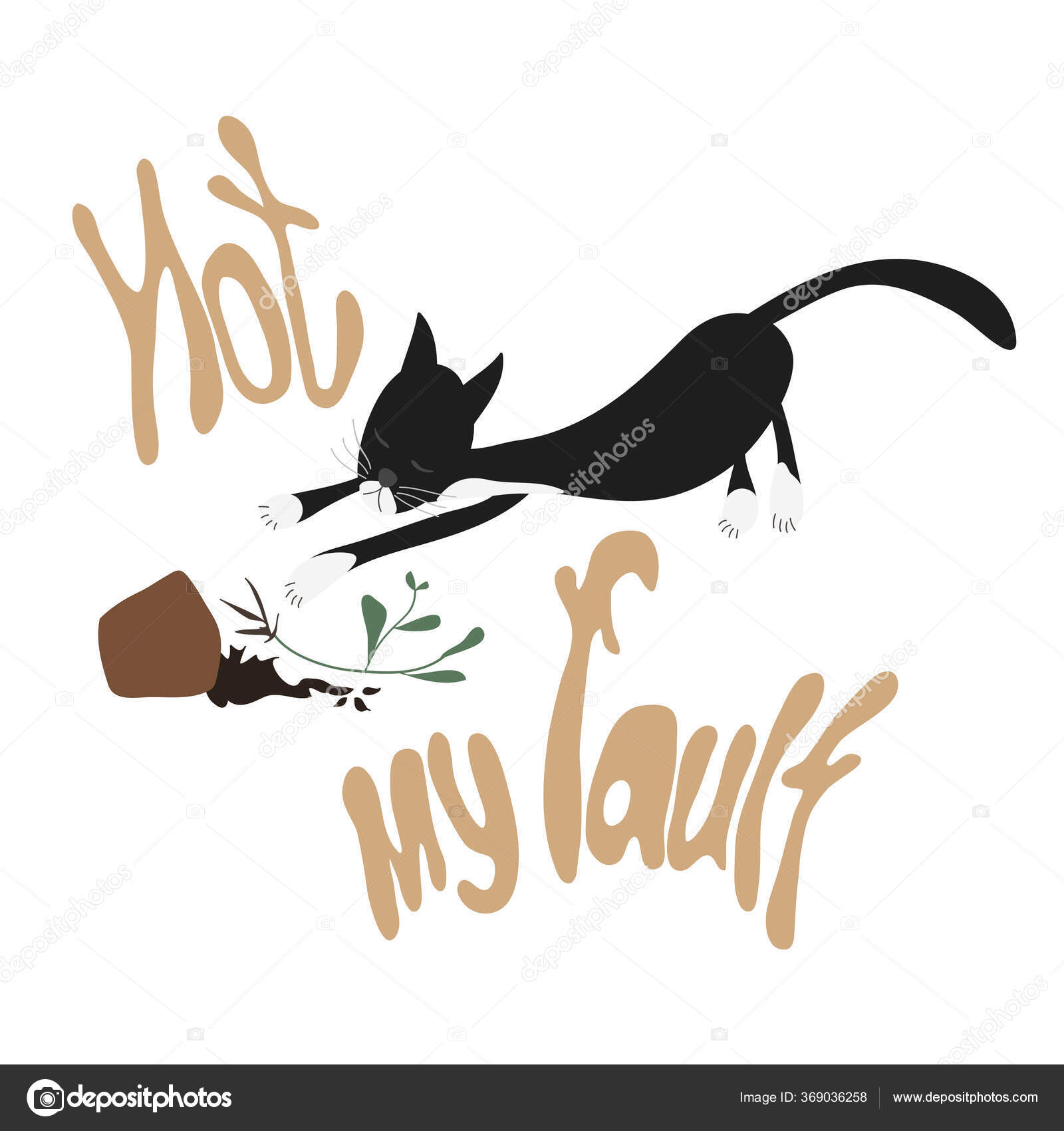 Black guilty cat excuse with broken flower pot. Hand drawn cute ...