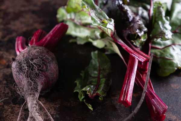 ugly food. Beets and beet leaves on a rusty beautiful metal surface ...
