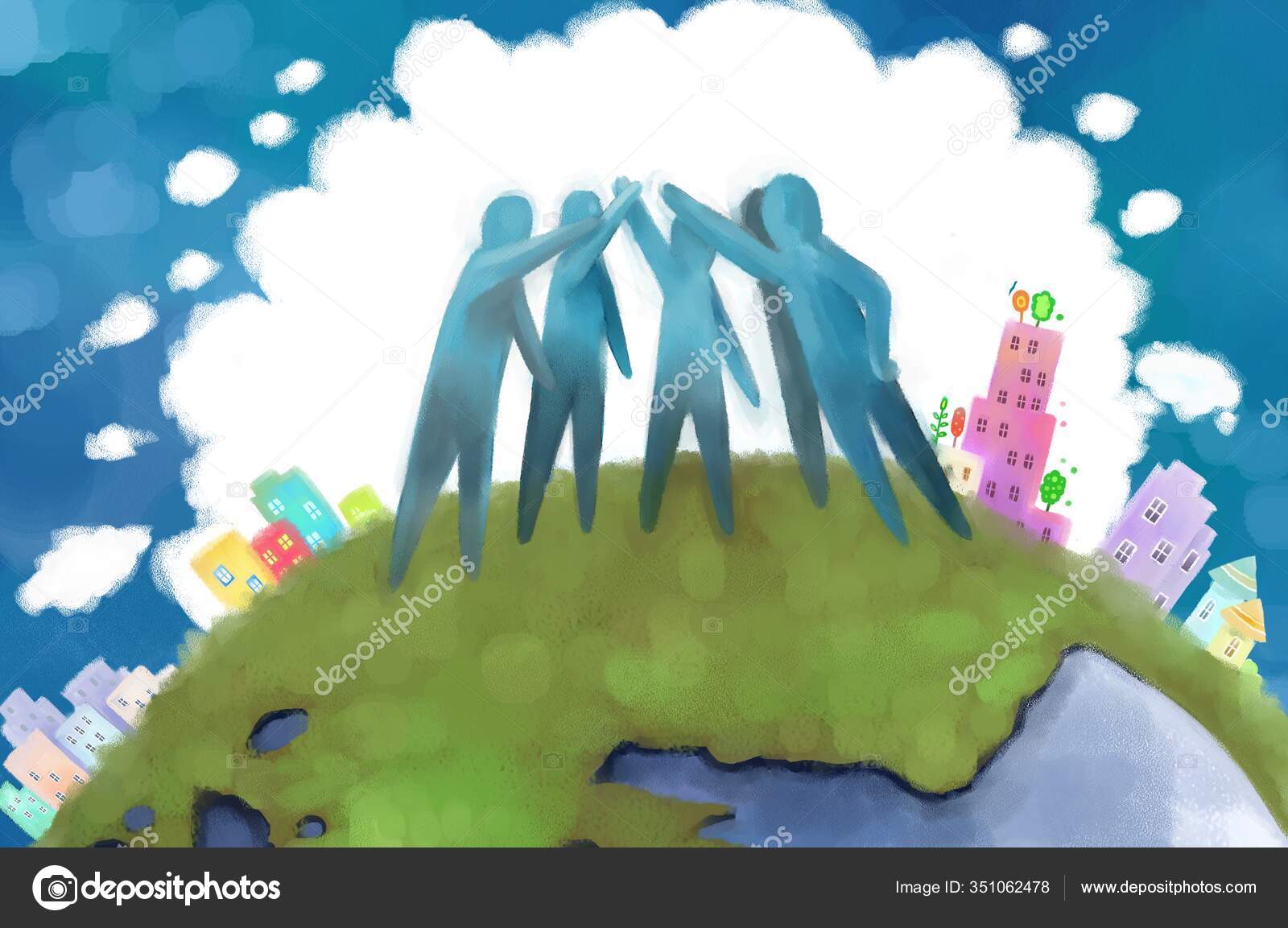 Many People Planet Illustration Unite Hands Together — Stock Photo ...