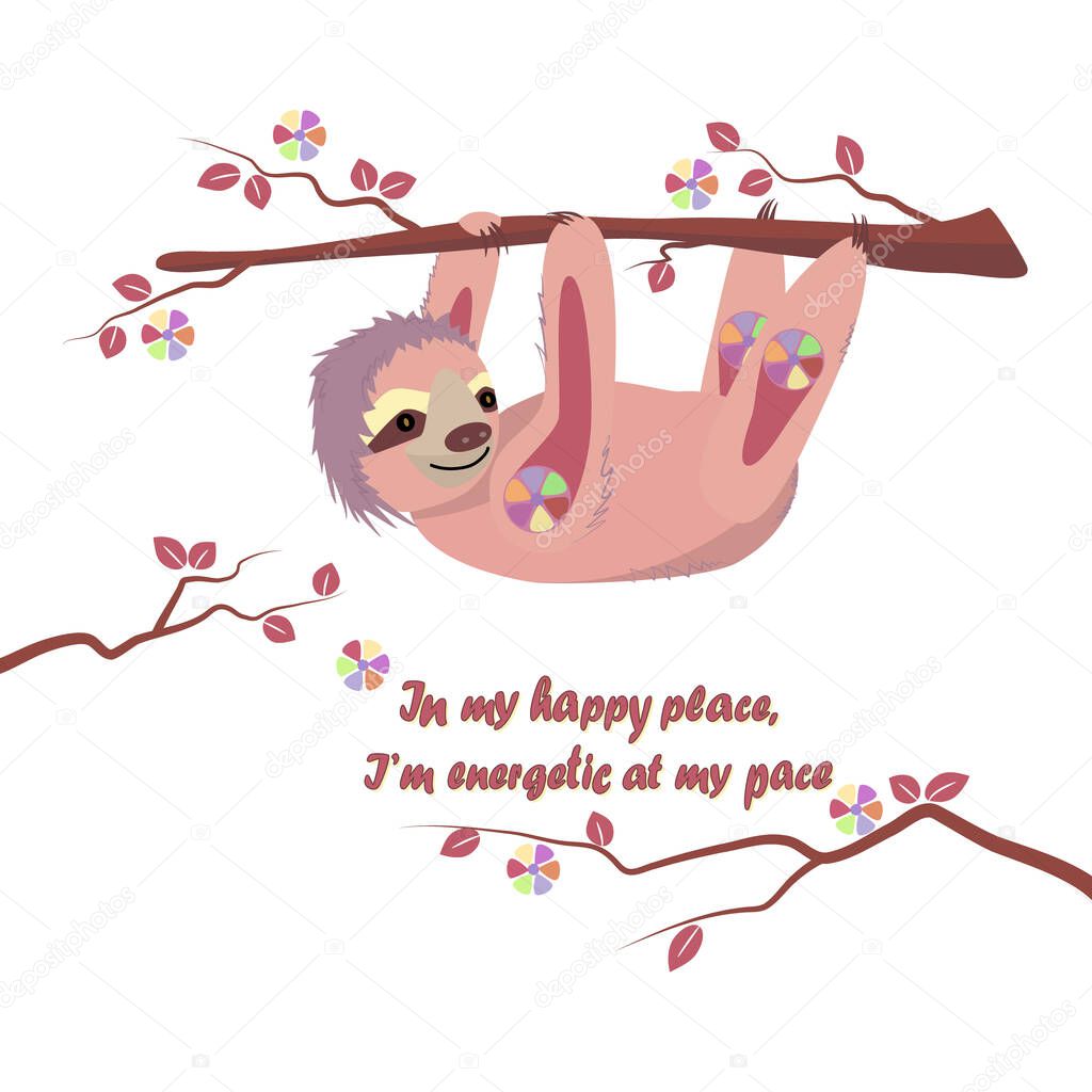 Pereza rosa de dibujos animados colgando de ramas de árbol. Leyenda: En ...