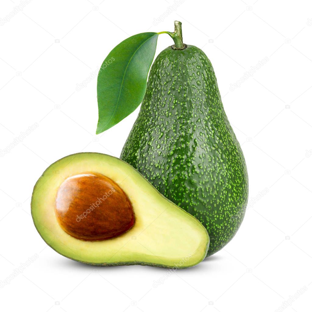 Aguacate aislado. Fruta entera del aguacate y dos mitades seguidas ...