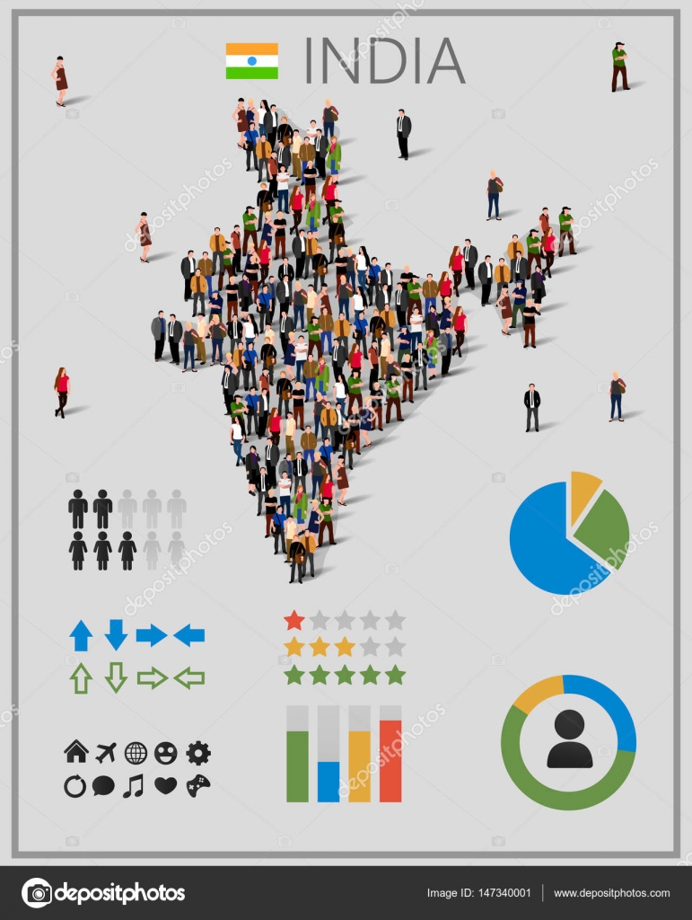 Large group of people in India map with infographics elements ...