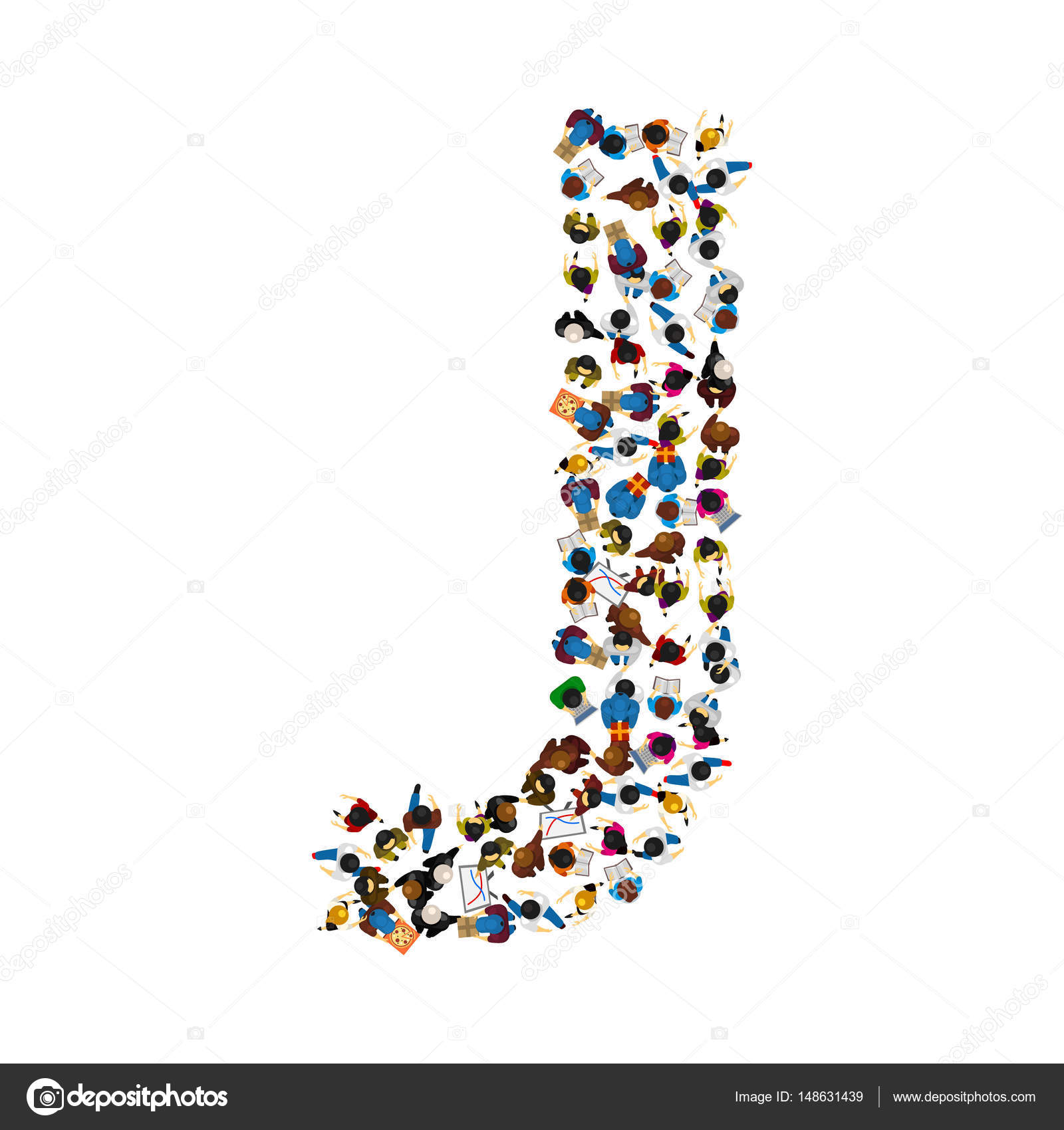 A group of people in the shape of English alphabet letter J on light ...