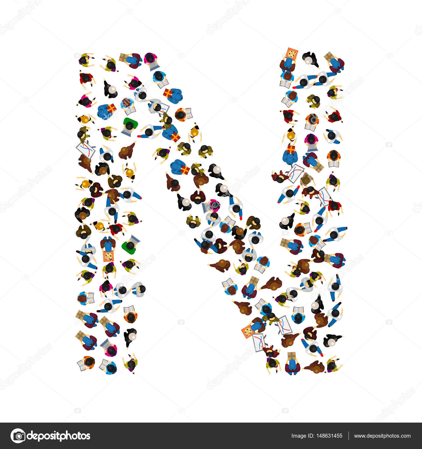 A group of people in the shape of English alphabet letter N on light ...