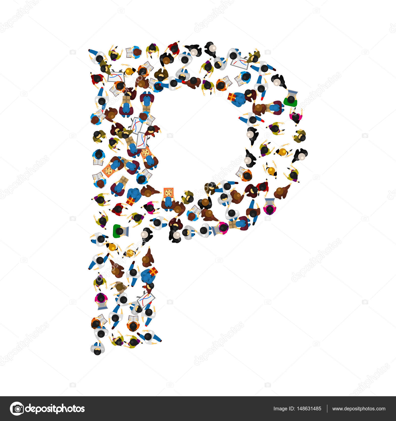 A group of people in the shape of English alphabet letter P on light ...