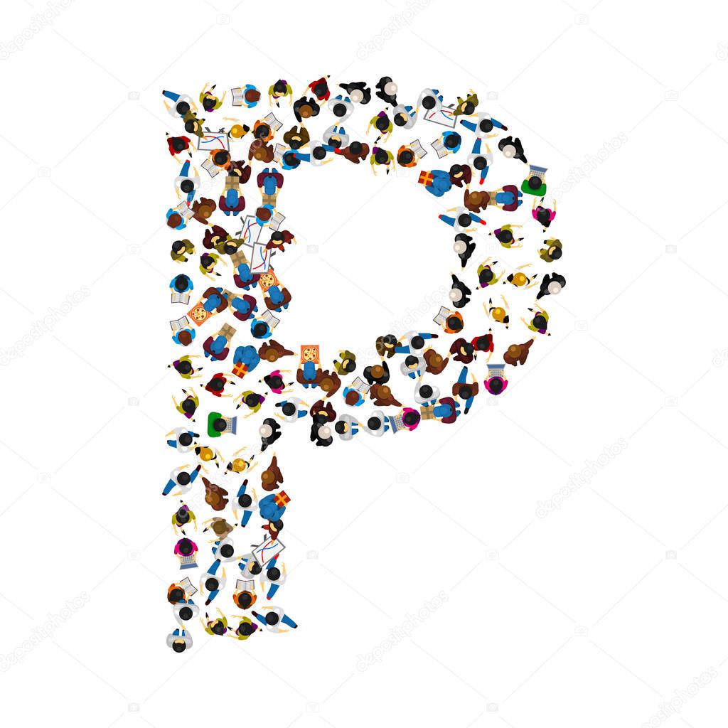 A group of people in the shape of English alphabet letter P on light ...