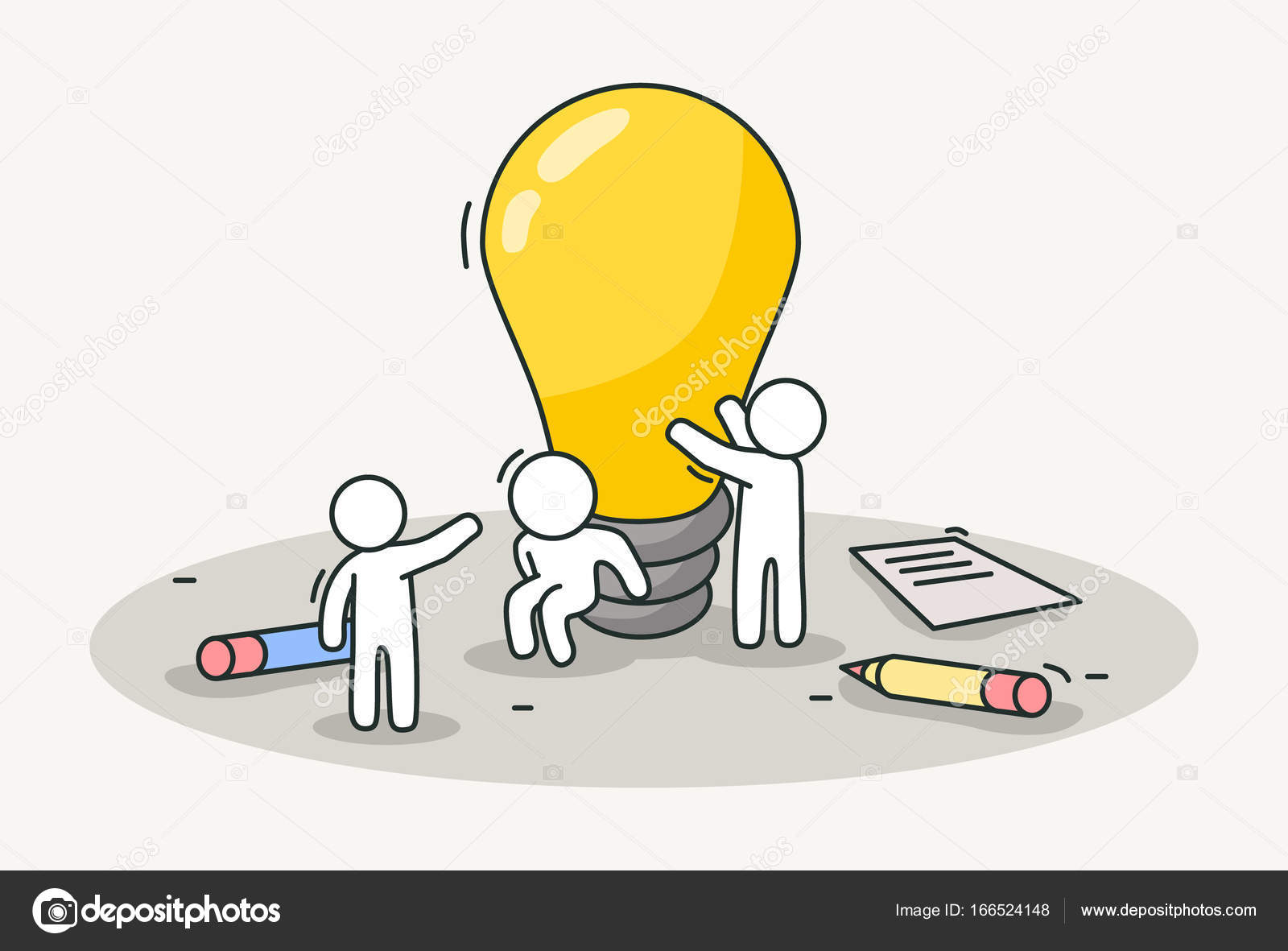 Orang kulit putih kecil memasang lampu. Ide kreatif, kerja sama tim dan ...