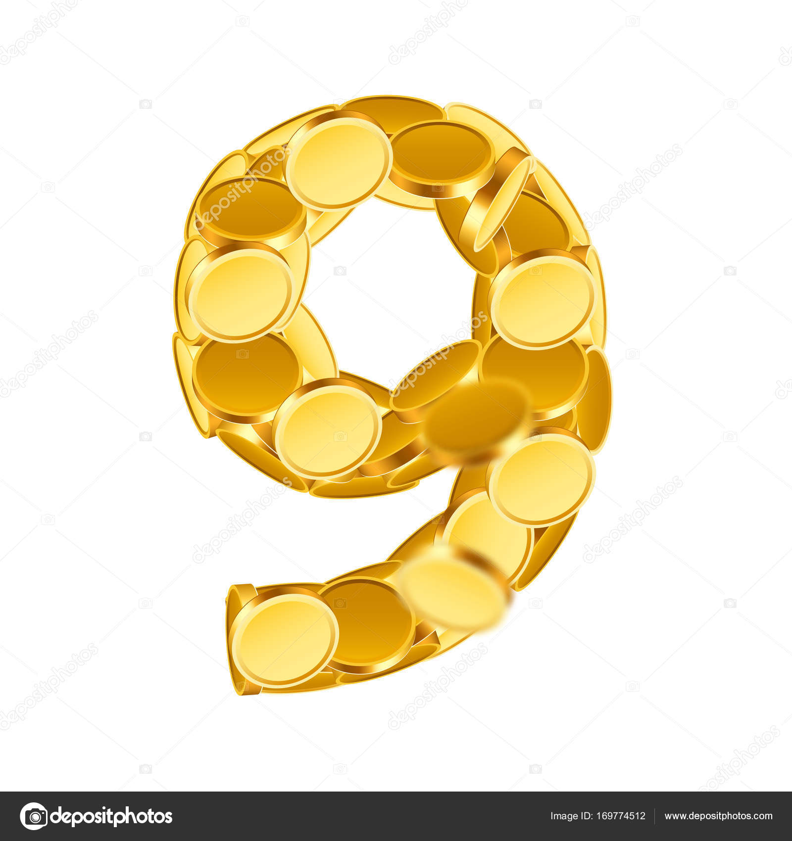 Vector font style made of golden coins. Coin numbers. Number 9. Nine ...