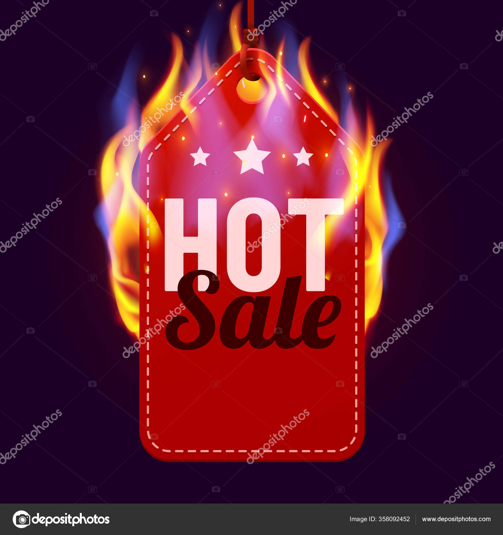 Realistic fire label. Hot deal and sale offer text banners with shiny ...