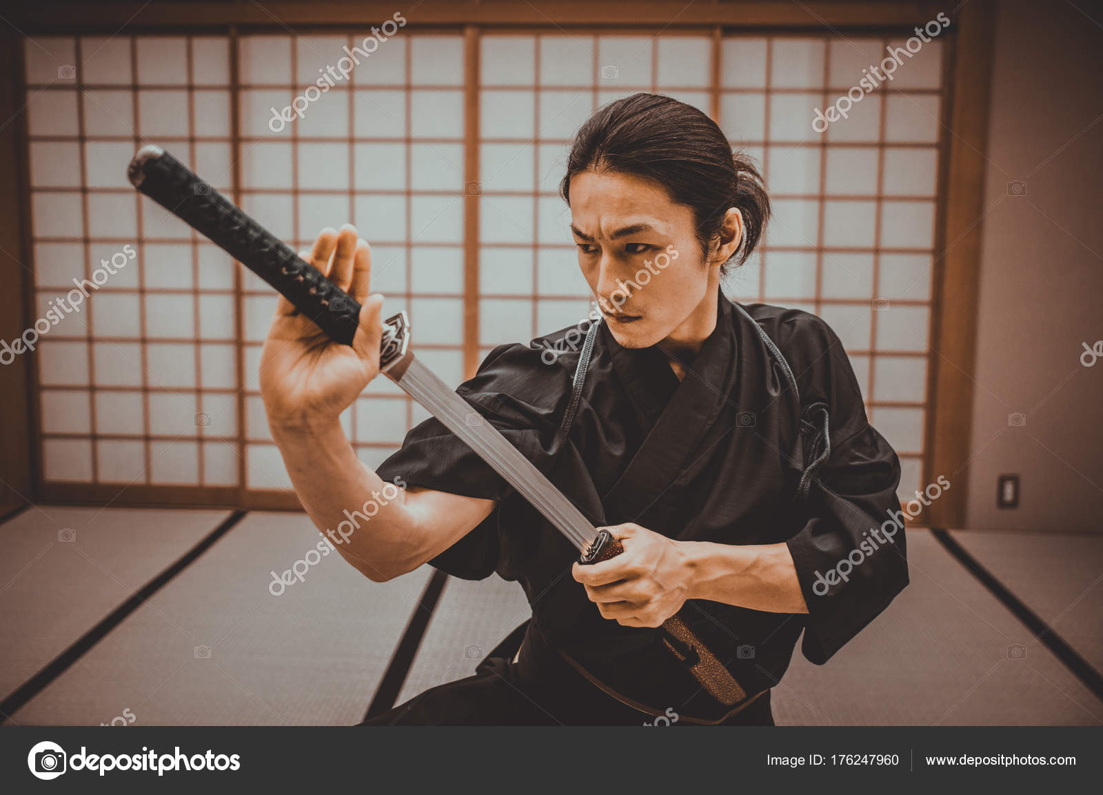 Samurai training in a traditional dojo, in Tokyo — Stock Photo © oneinchpunch #176247960