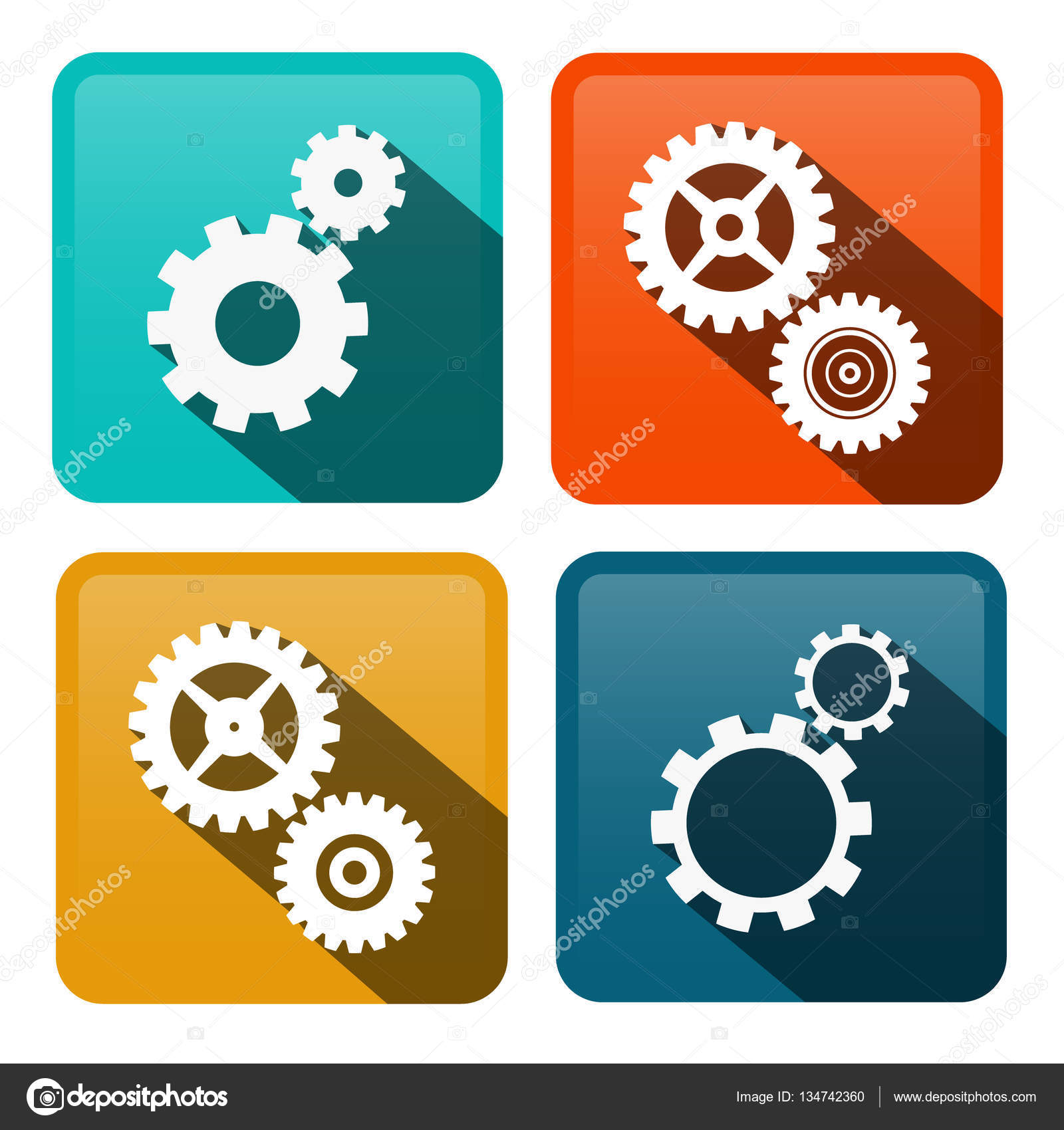 Cogs. Vector Gears Flat Design Icons on Rounded Squares. Technology ...