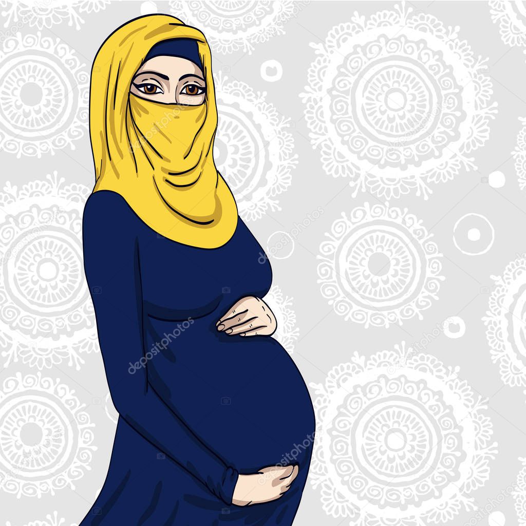 Muslim Arabic Woman Pregnancy Vector Illustration — Stock Vector
