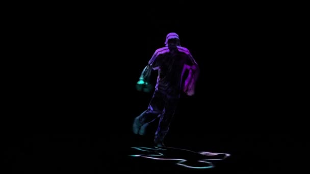 Neon shadow breakdancer man performs on black background. Computer ...