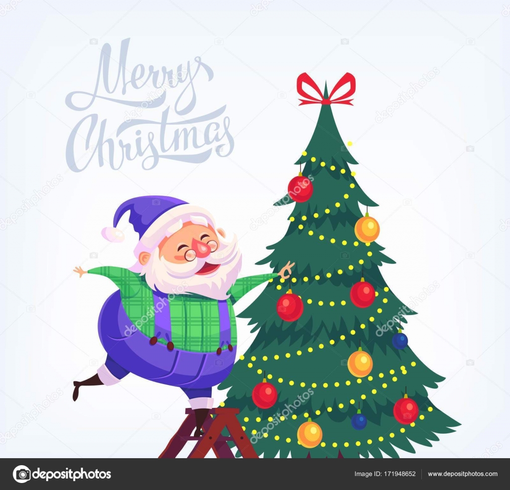 Cute cartoon blue suit Santa Claus decorating Christmas tree Merry ...