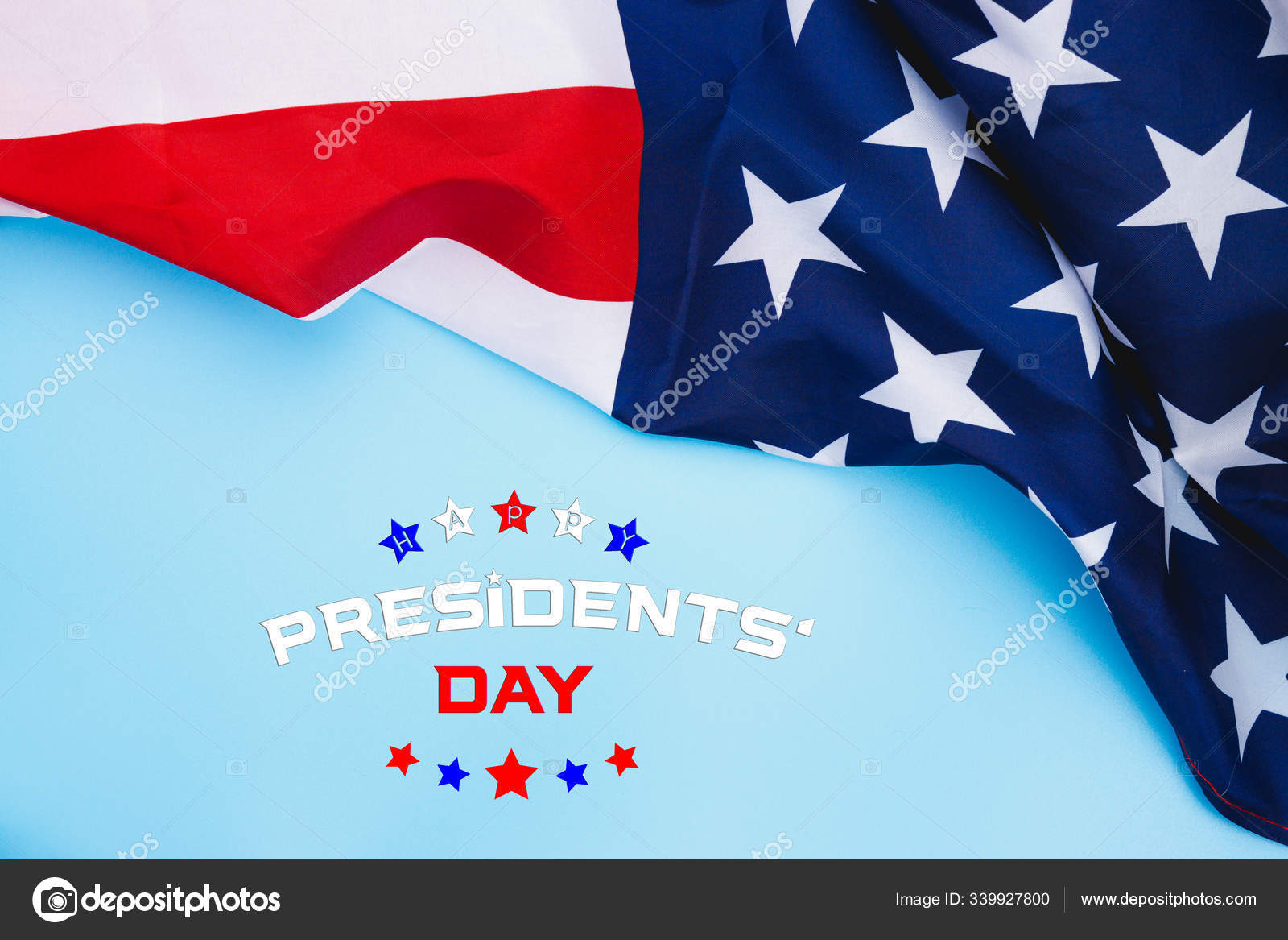 Happy Presidents' Day typography over blue background with US Am ...