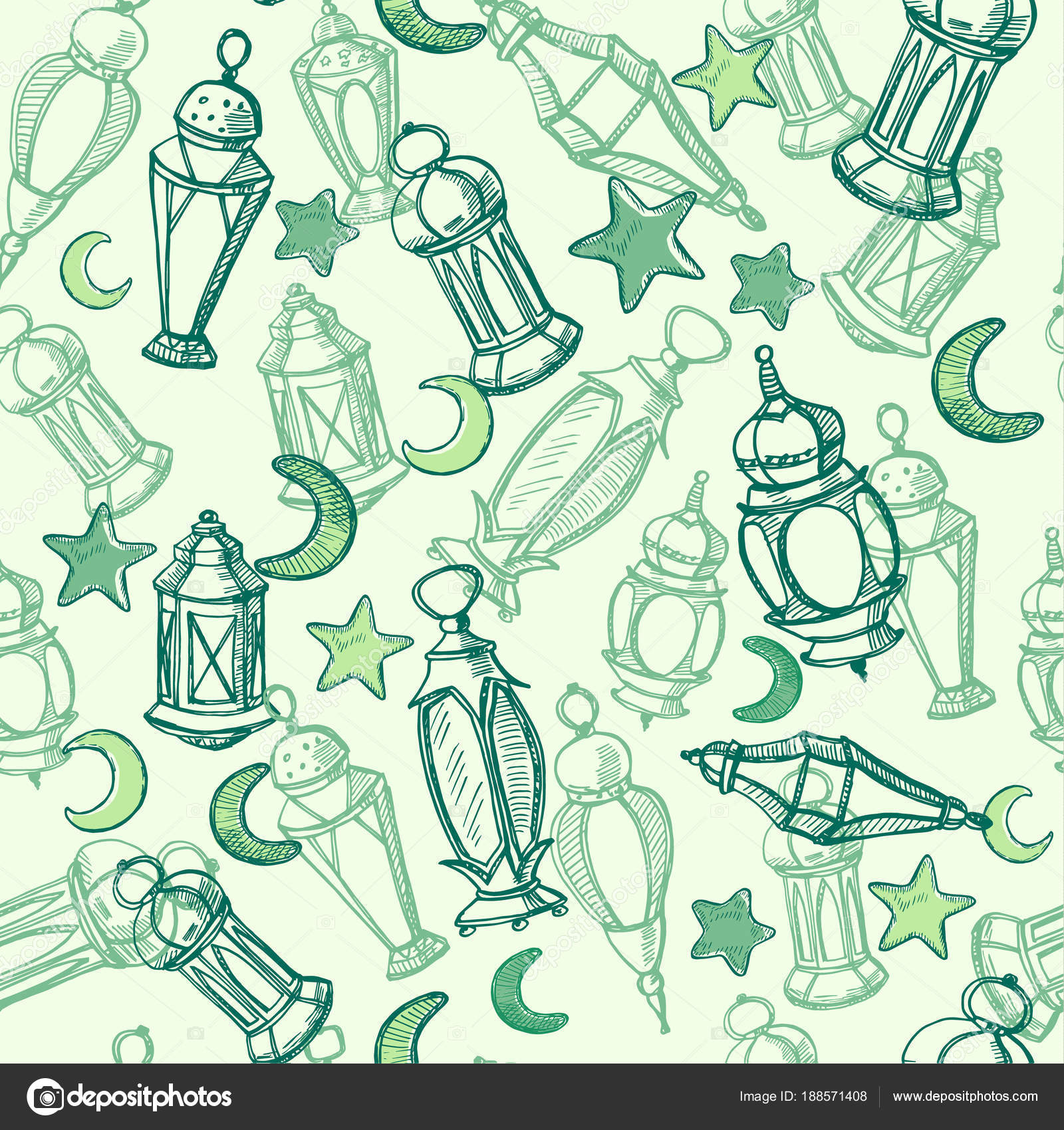 Arabic lamps, sketch hanging lanterns. Seamless pattern. Hand drawing ...