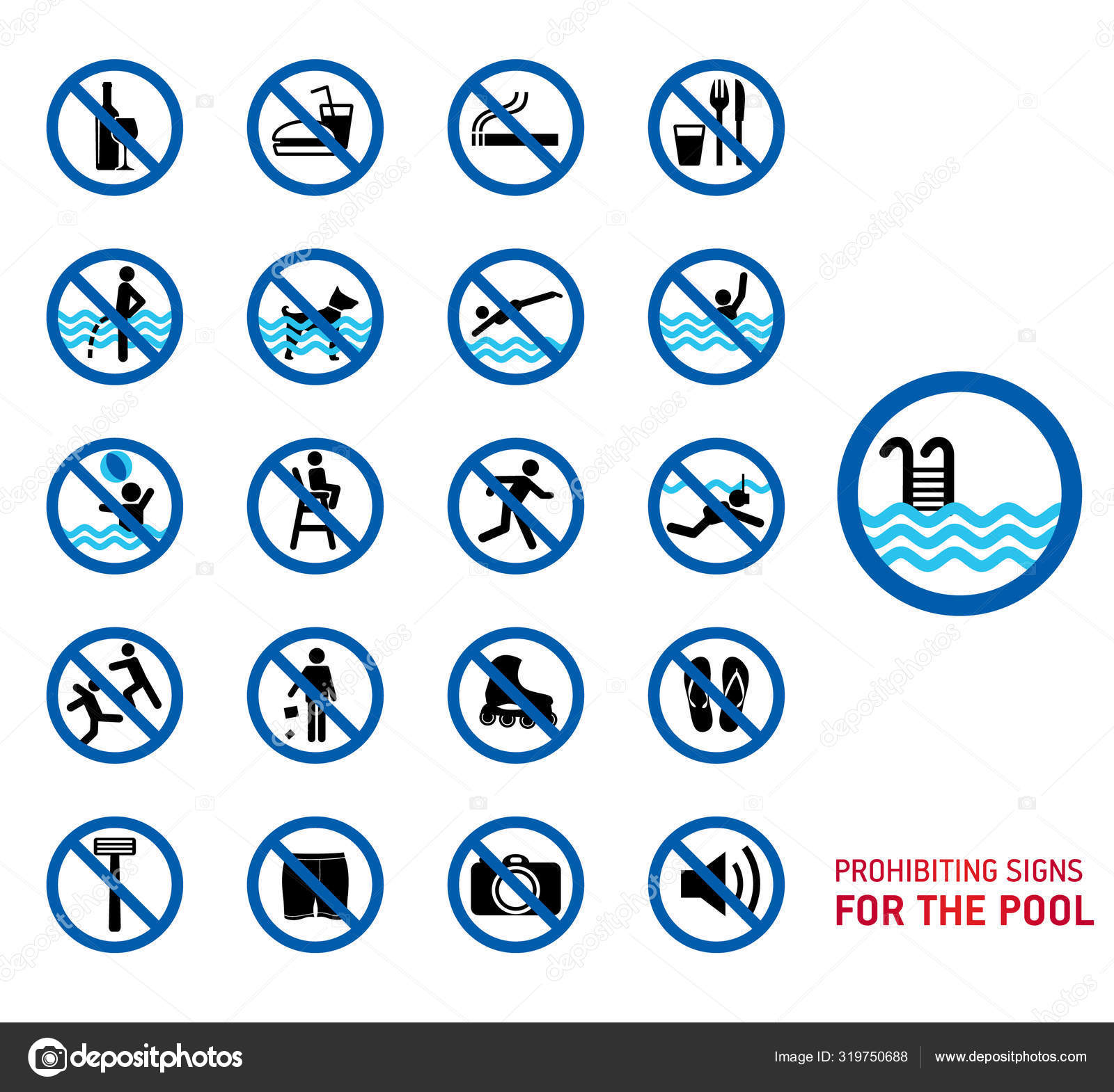 Peraturan kolam renang. Set ikon dan simbol untuk pool . Vektor Stok ...