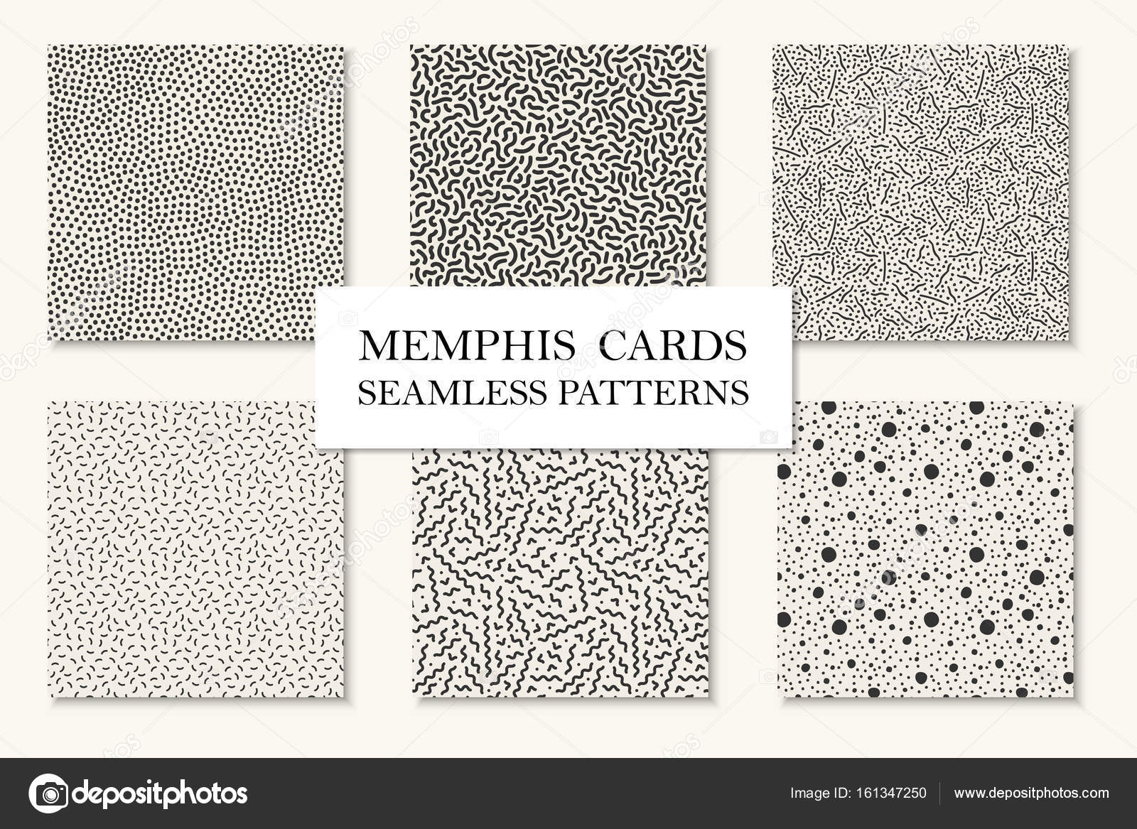 Collection of seamless memphis patterns, cards. Curved, dotted mosaic ...