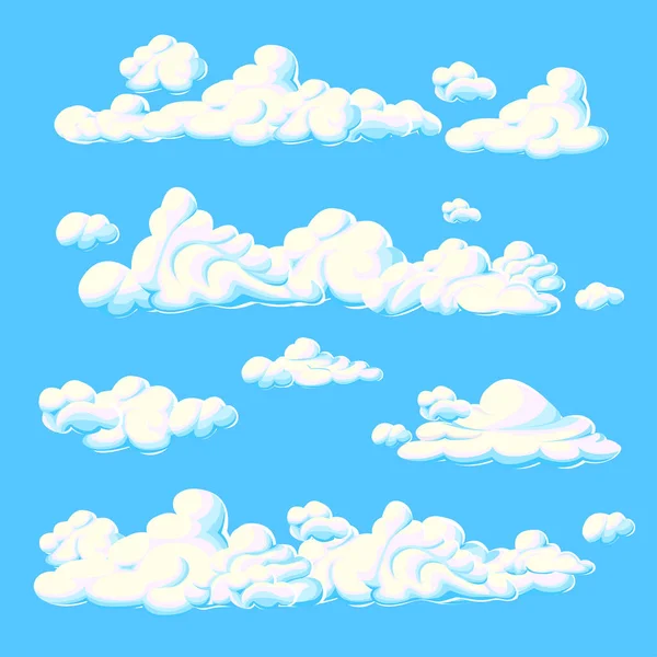 Cartoon clouds set. A cluster of soft and fluffy clouds on a blue ...