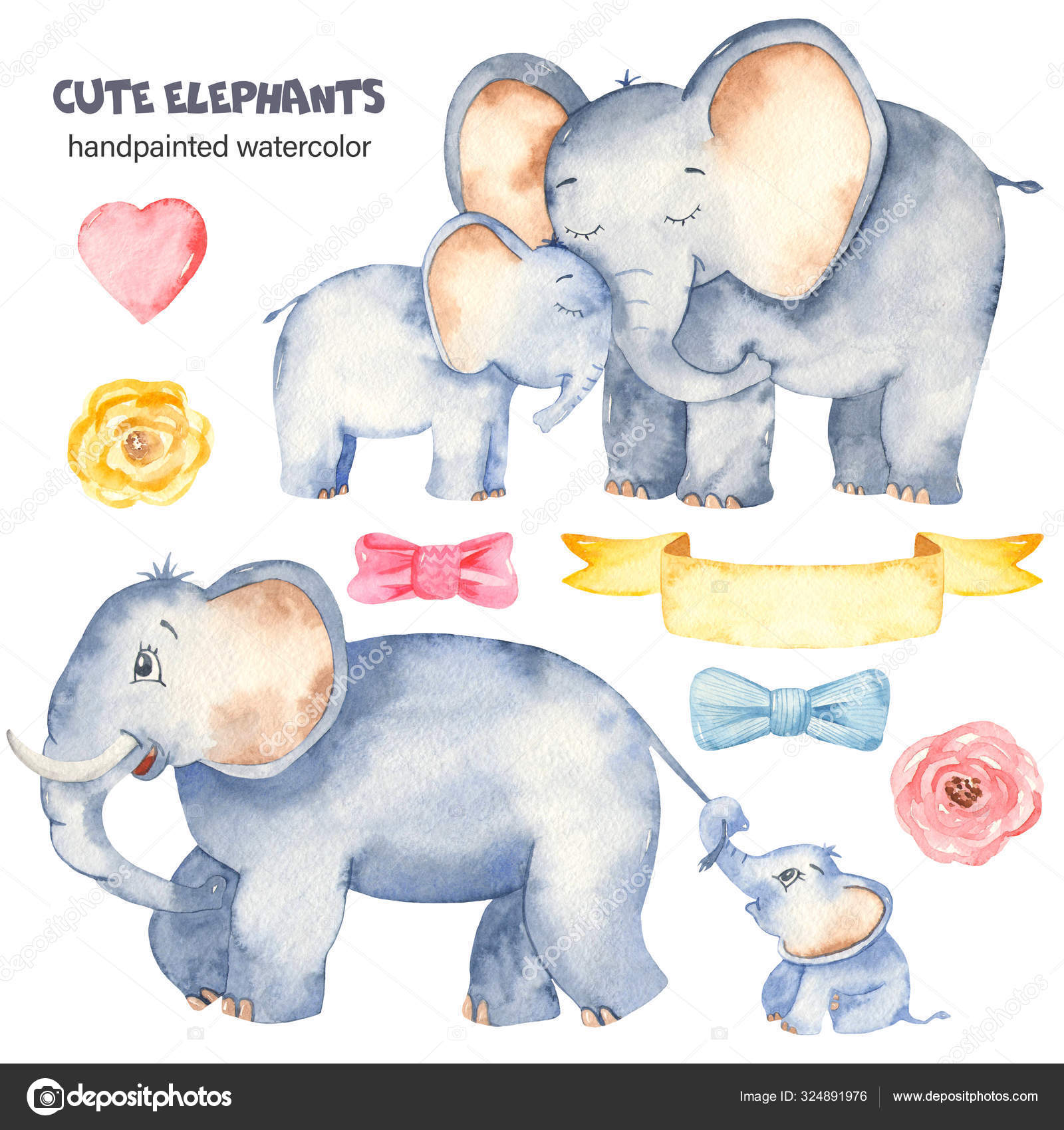 Watercolor cute elephants with baby elephants Stock Photo by ...