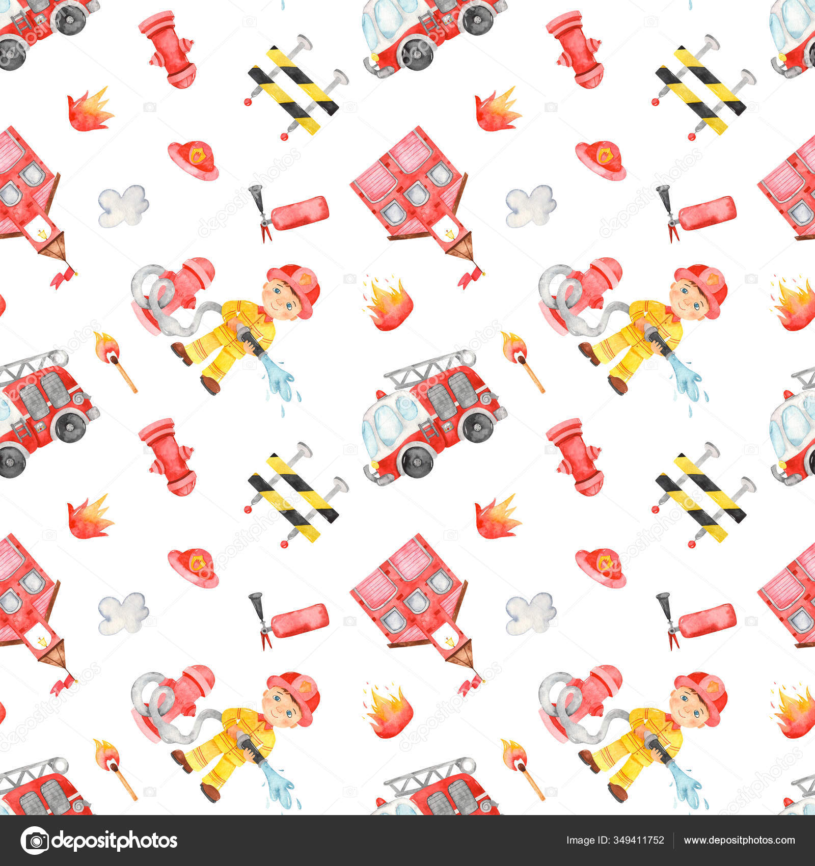 Cute Cartoon Fire Engine Fireman Fire Station White Background ...