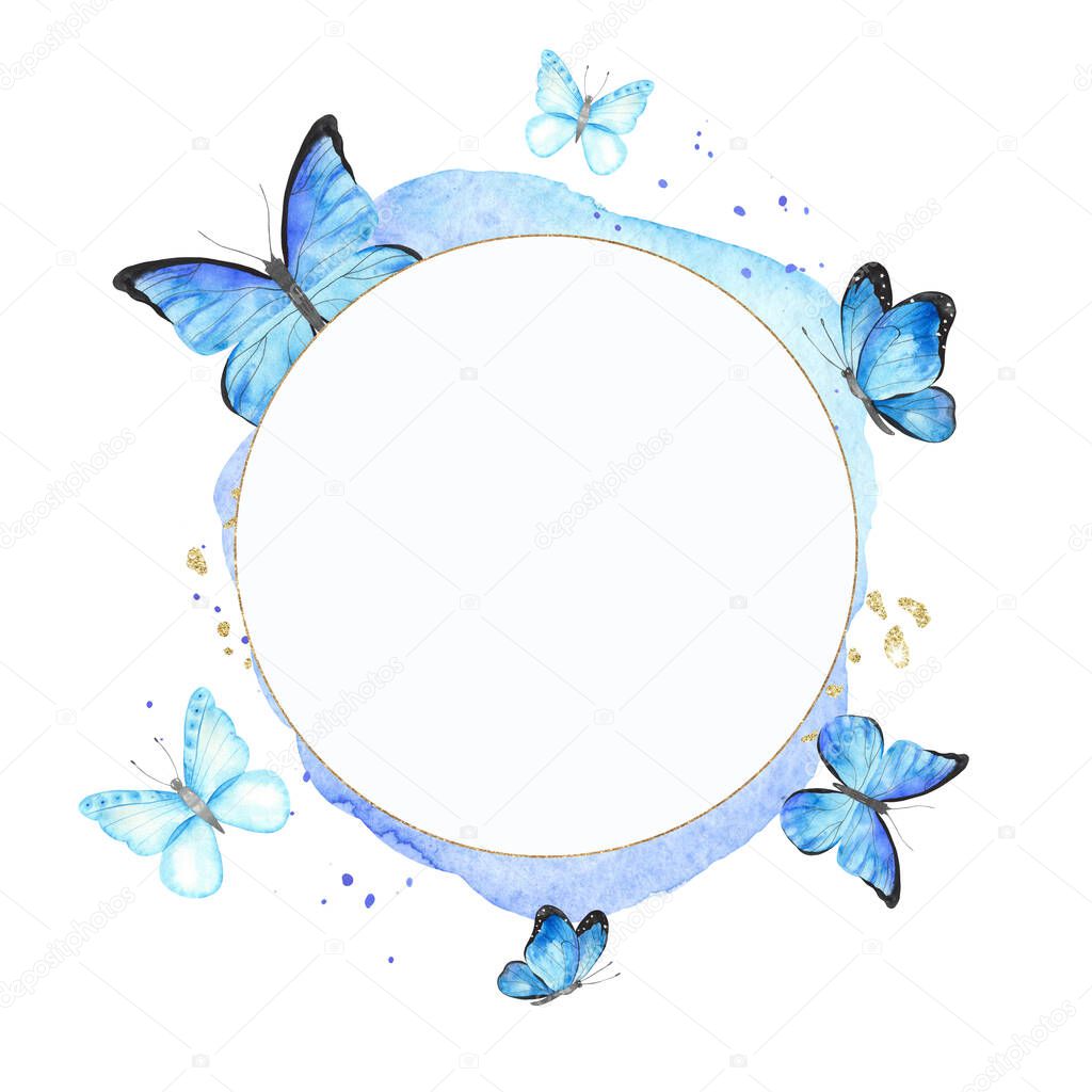 Mariposas Azules Acuarela Pintada Mano Redonda Marco Dorado Ilustración ...