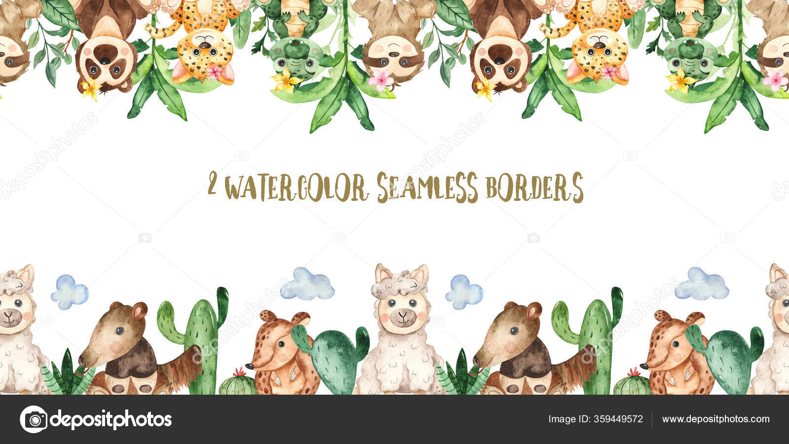 Babies Jungle Animals Watercolor Hand Painted Seamless Border Stock ...