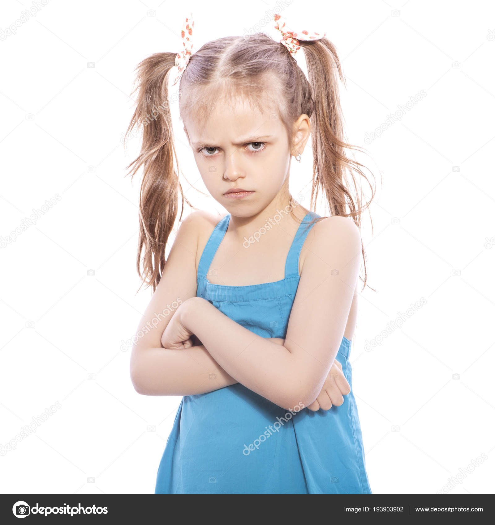 Young Seven Years Old Brunette Girl Blue Dress White Isolated — Stock ...