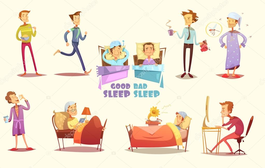 Good And Bad Sleep Icons Retro Cartoon Set — Stock Vector © macrovector ...