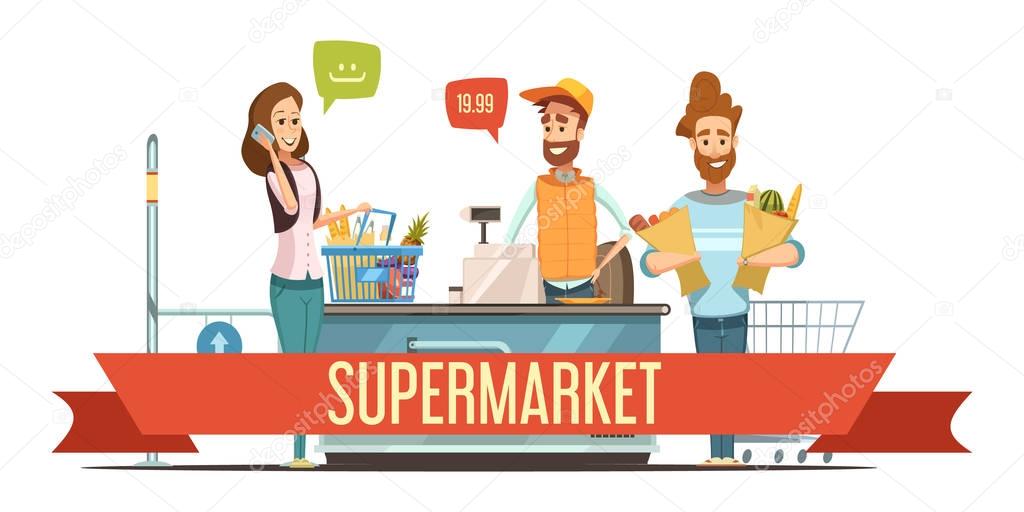 Clientes en el supermercado Checkout ilustración de dibujos animados 2024