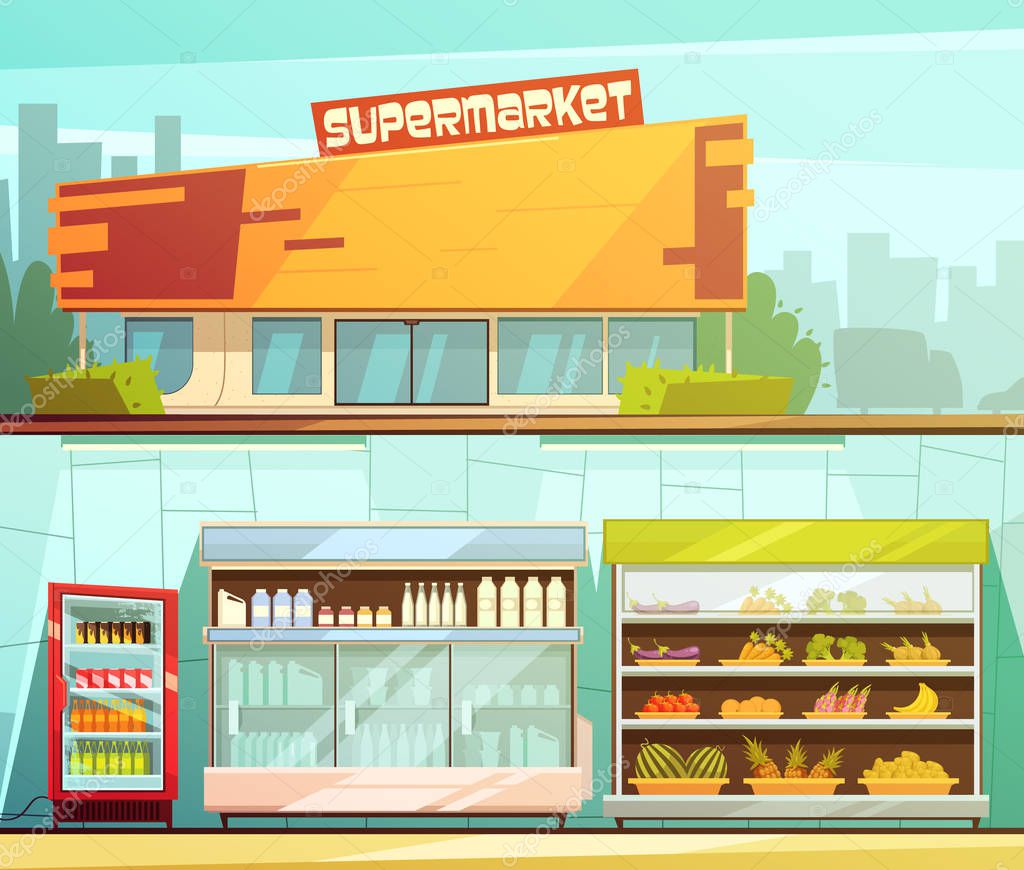 Conjunto de banners de dibujos animados retro supermercado 2 2023 Conjunto de banners de dibujos animados retro supermercado 2 2023