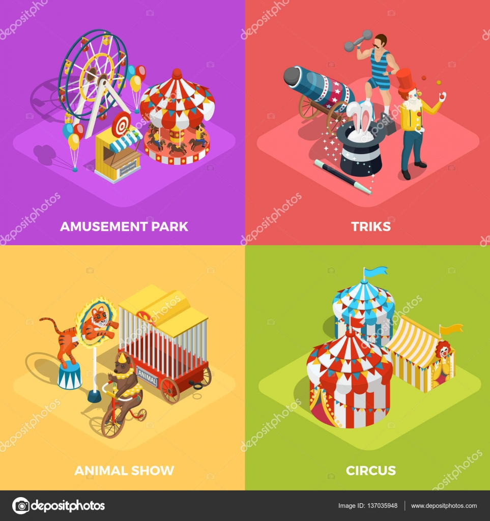 Circus 4 Isometric Icons Square Poster Stock Vector by ©macrovector ... Circus 4 Isometric Icons Square Poster Stock Vector by ©macrovector ...