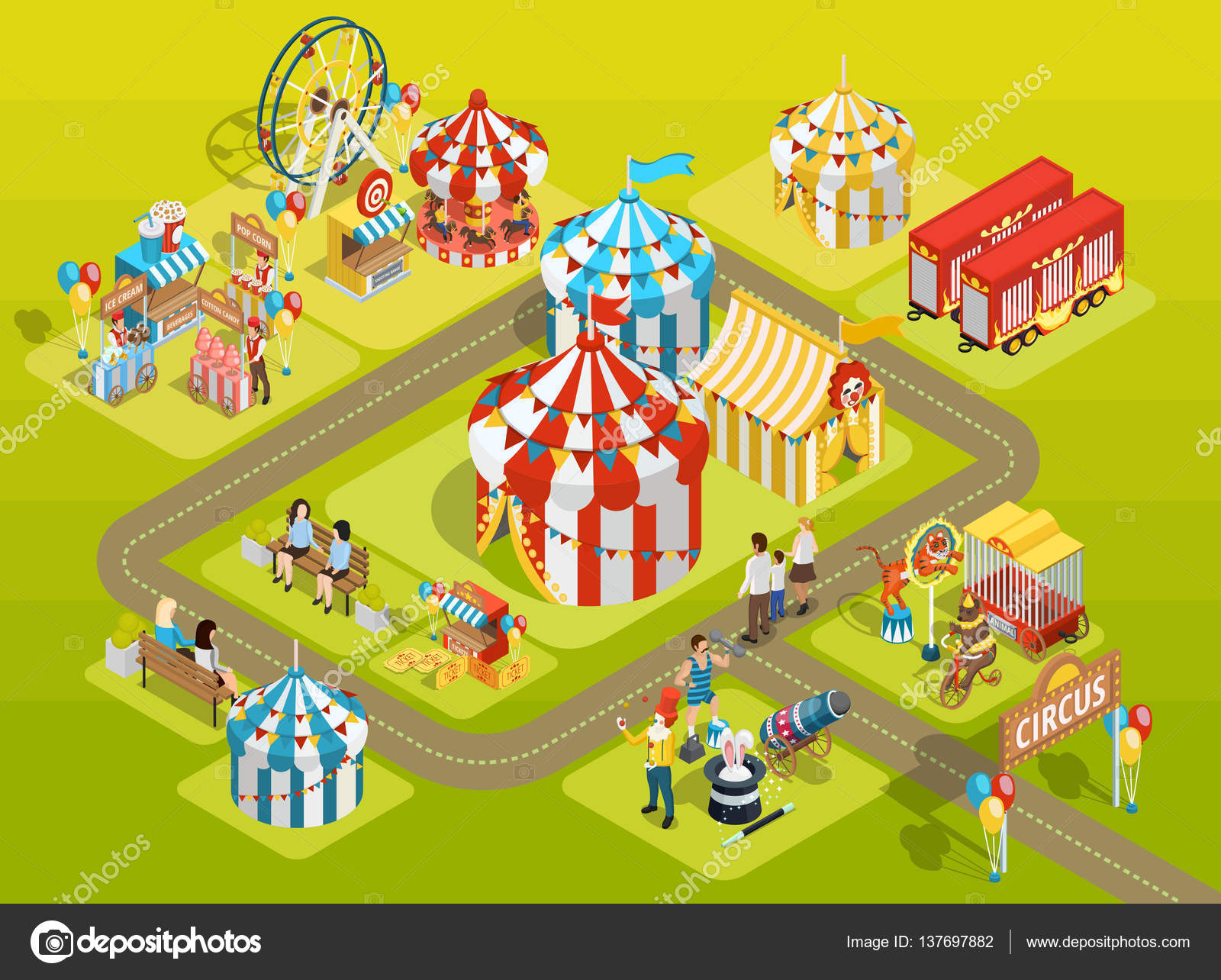 Travel Circus Fairground Isometric Layout Poster — Stock Vector ...