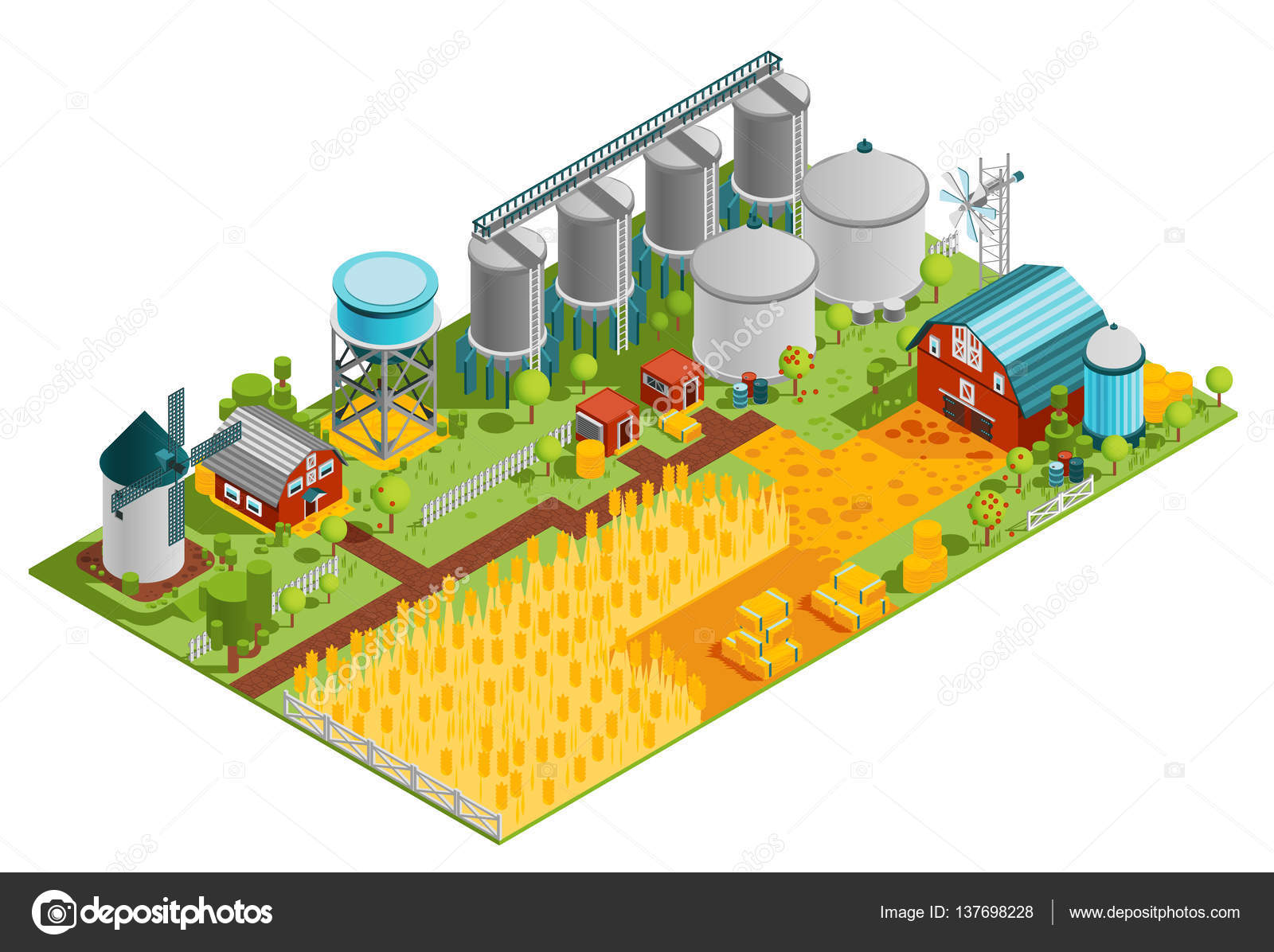 Farm Buildings Isometric Landscape — Stock Vector © macrovector #137698228