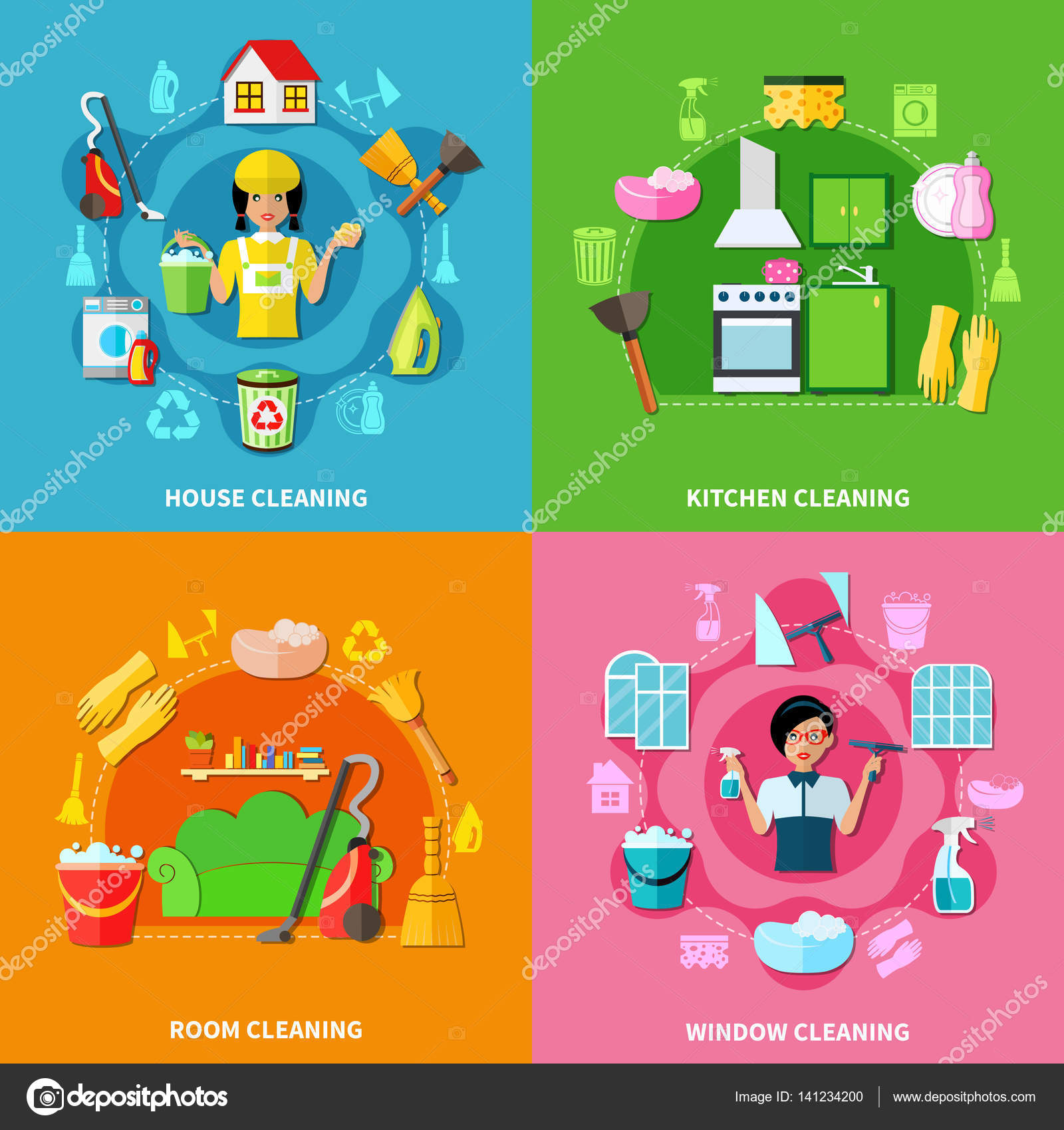 Cleaning Square Compositions Set Stock Illustration by ©macrovector ...