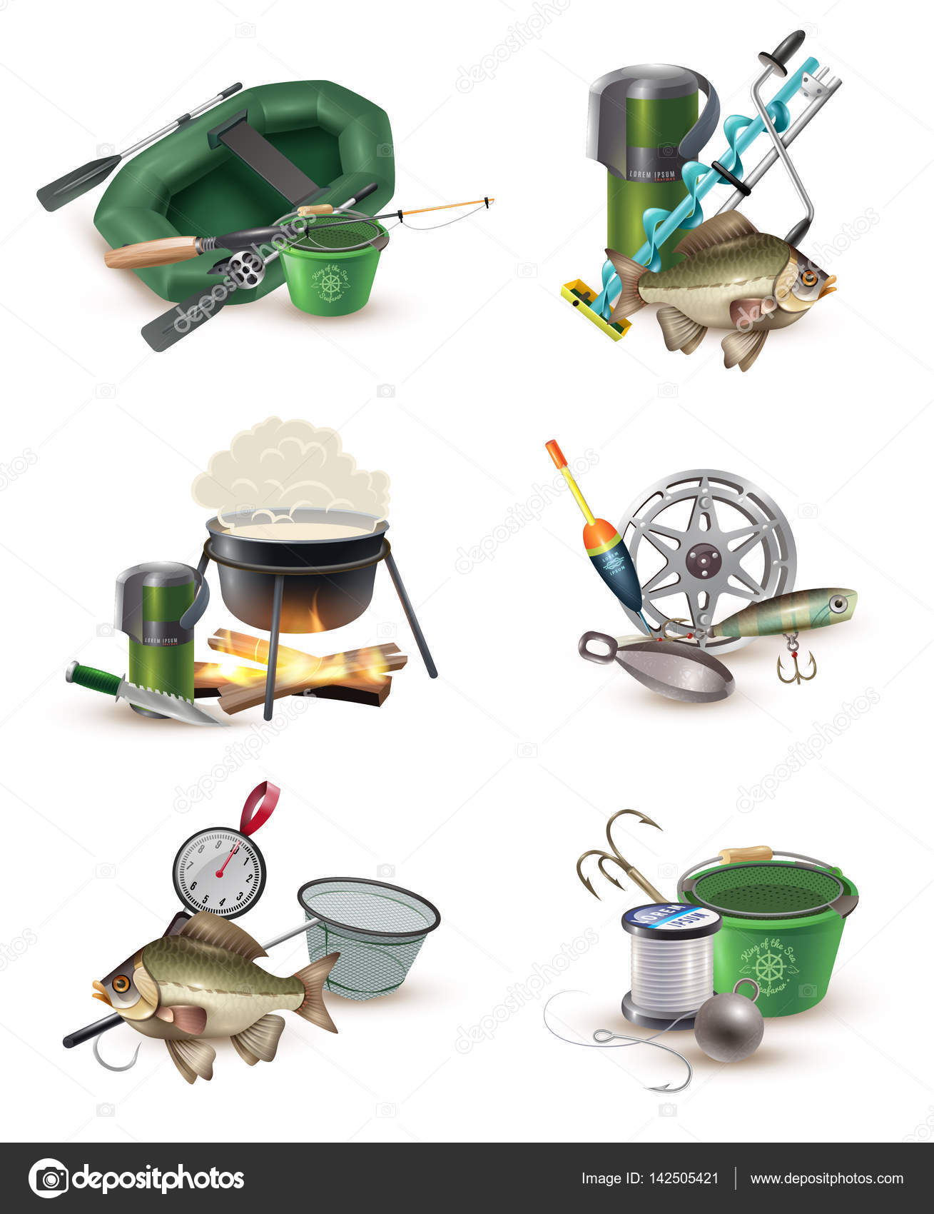 Fishing Gear Accessories 6 Icons Set Stock Vector Image by ©macrovector ...