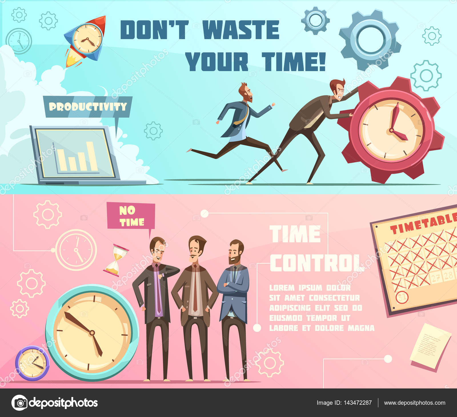 Time Management Retro Cartoon Banners Stock Vector Image by ...
