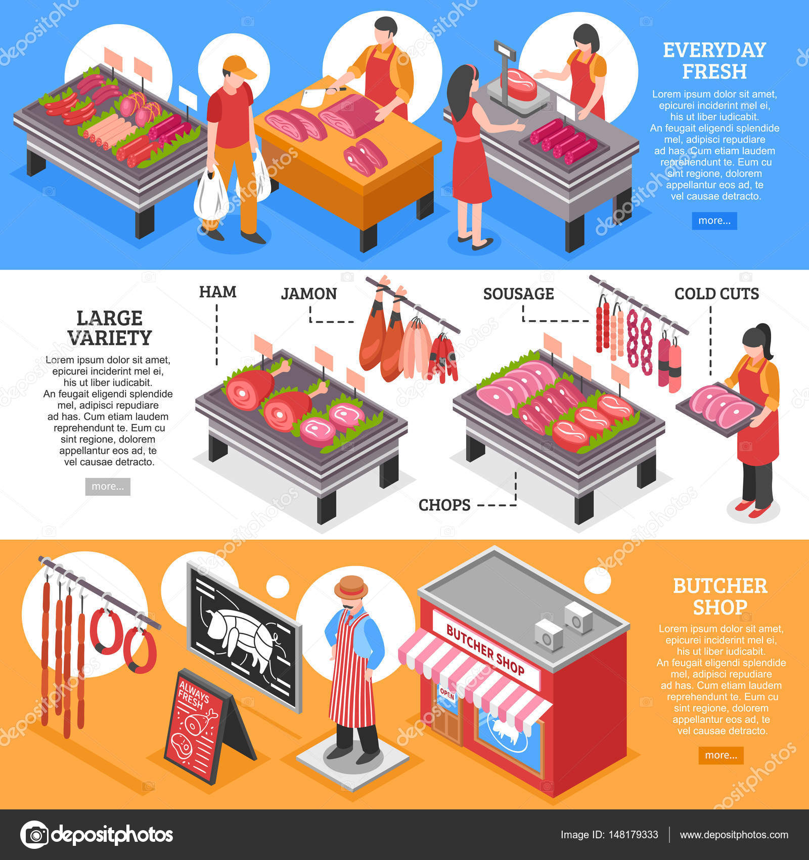 Butcher Shop Isometric Banners Set — Stock Vector © macrovector #148179333