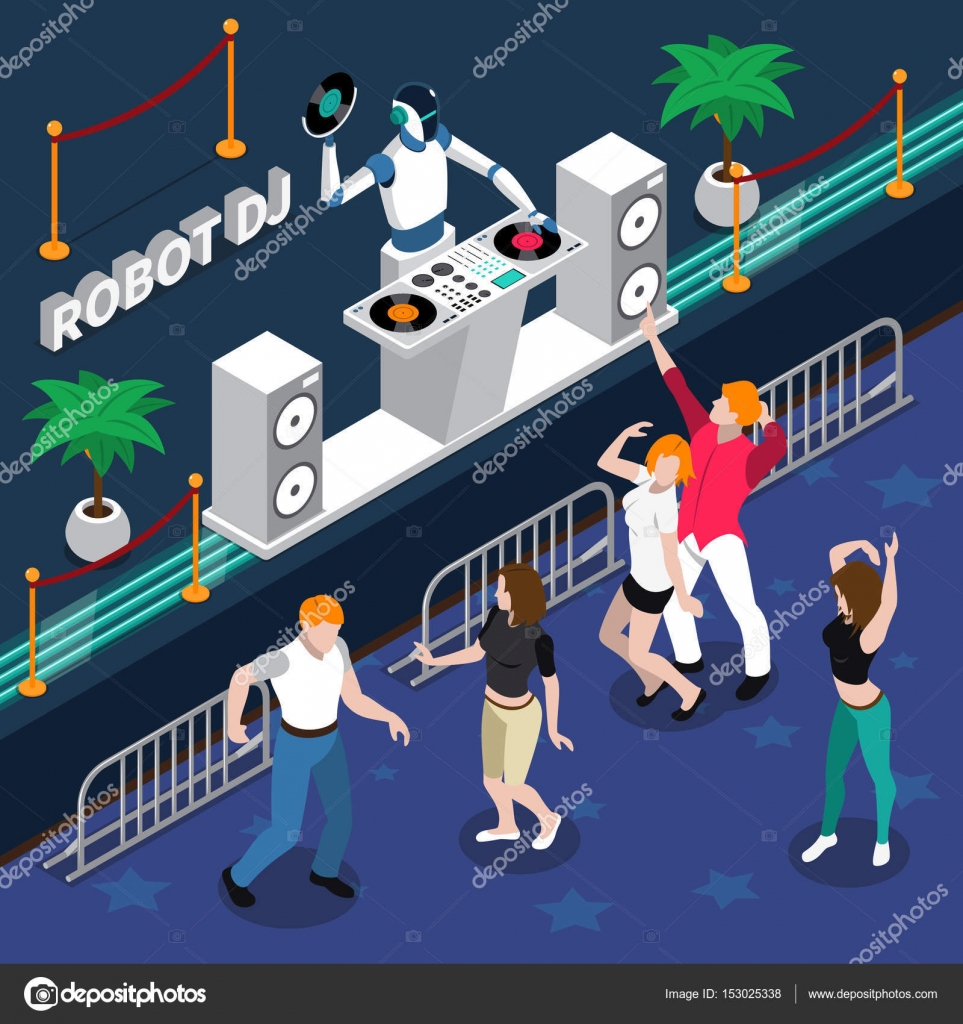 Robot DJ And Dancing People At Party ⬇ Vector Image by © macrovector ...