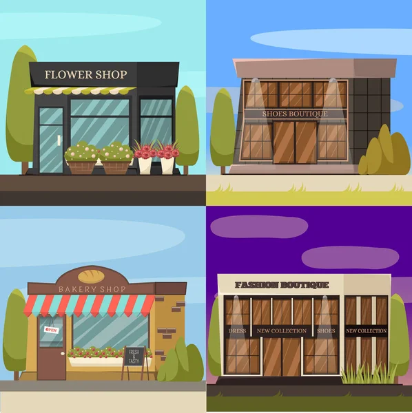 Local shops facades. Grocery shop doors, old boutique store building ...