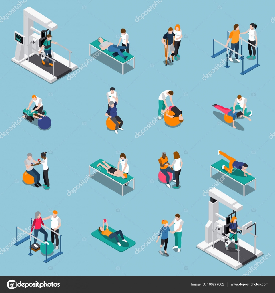 Physiotherapy Rehabilitation Isometric People Icon Set Stock