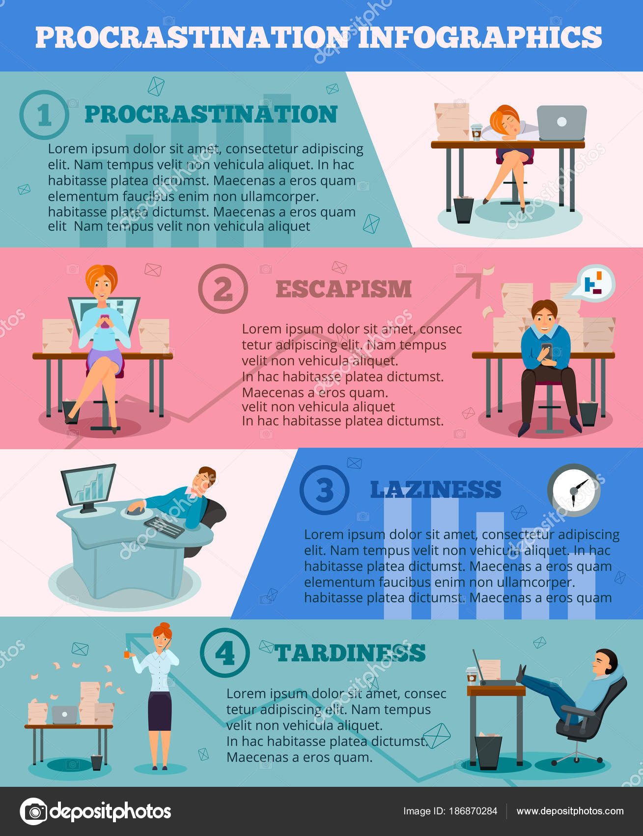 Procrastination Infographic Cartoon Characters Poster Stock Vector ...