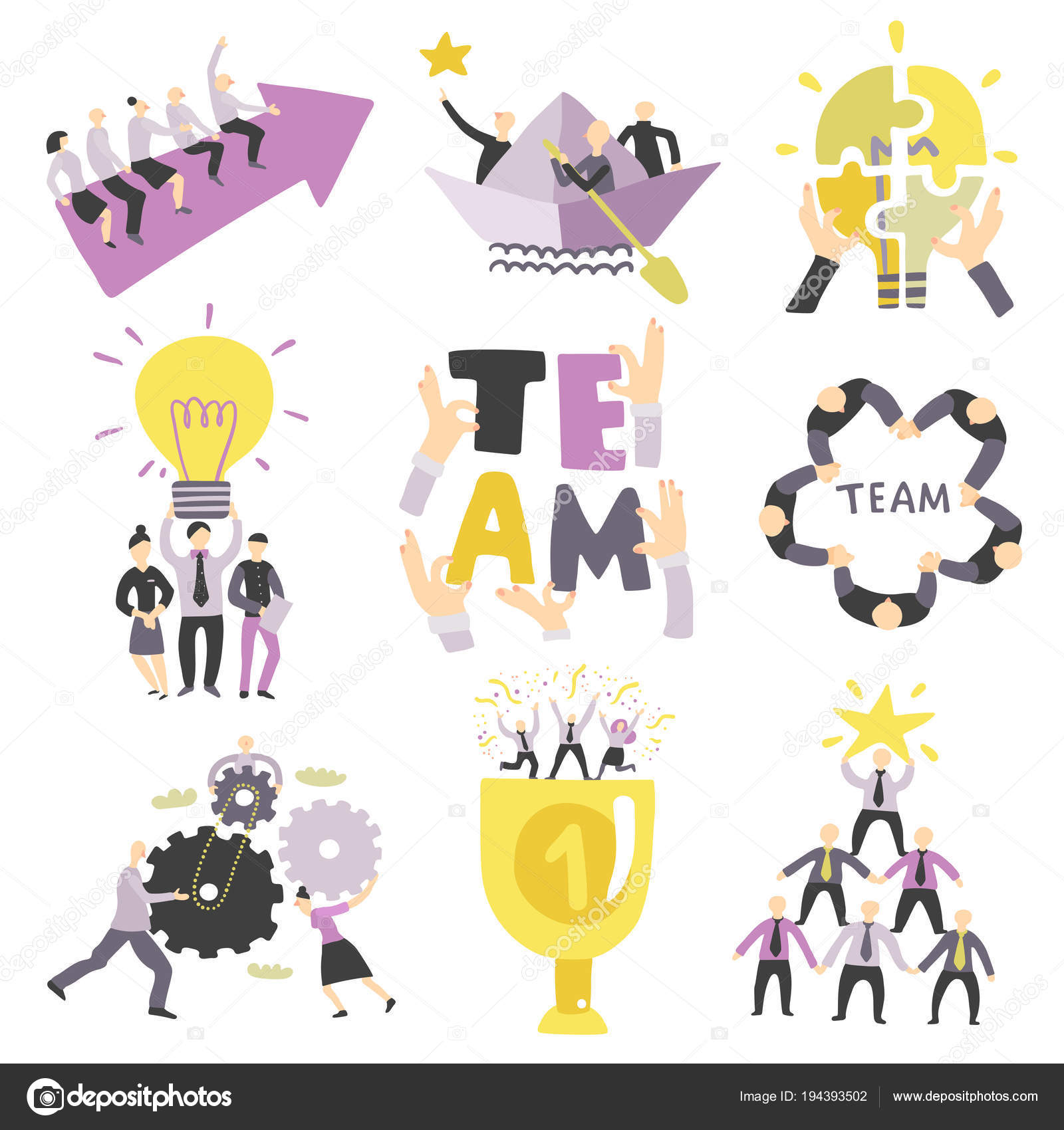 Conjunto de símbolos de trabalho em equipa Vetor de ©macrovector 194393502