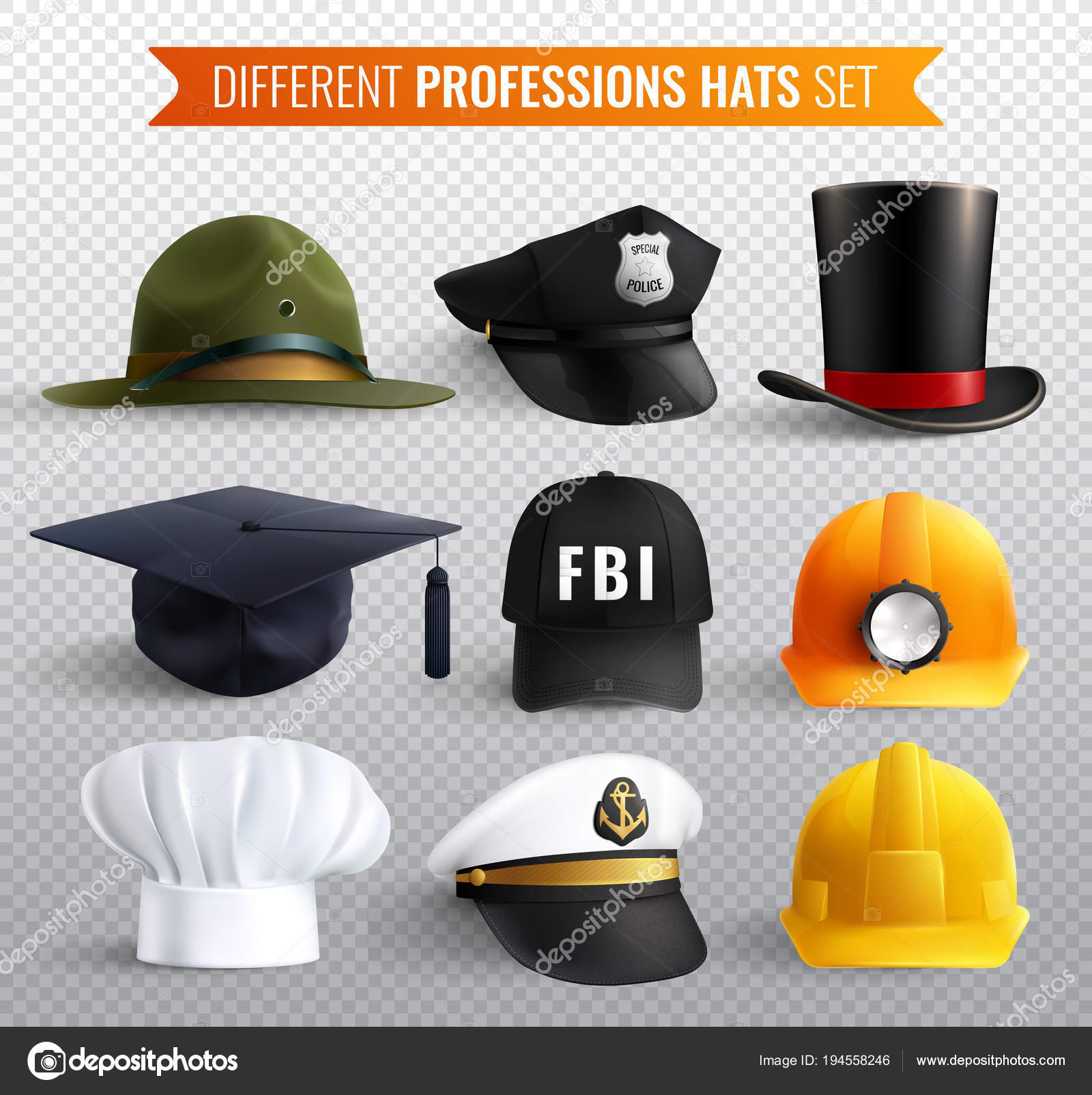 Professions Hats Transparent Set Stock Vector by ©macrovector 194558246