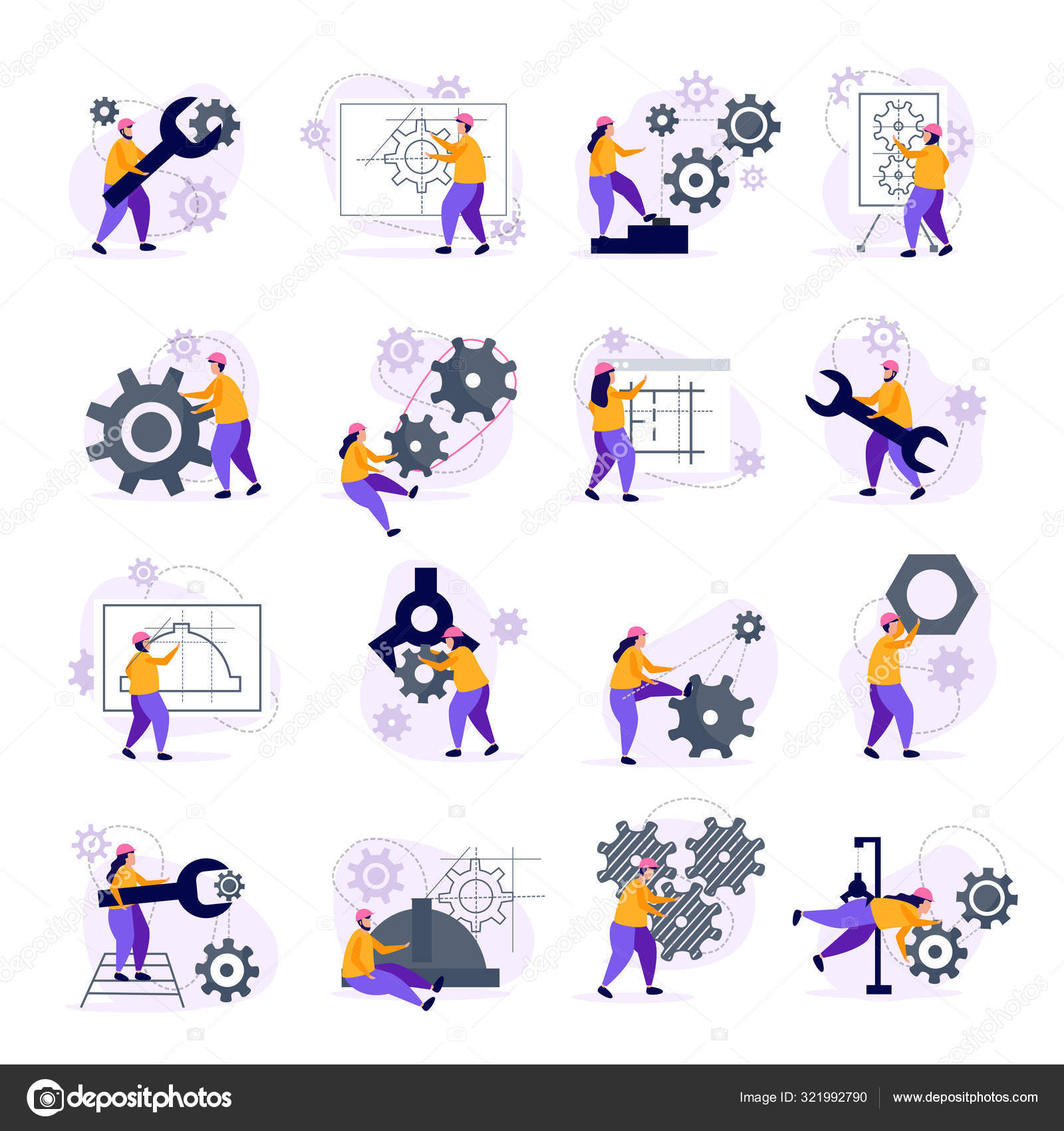 Engineering Set People Working Gears Stock Vector by ©macrovector 321992790