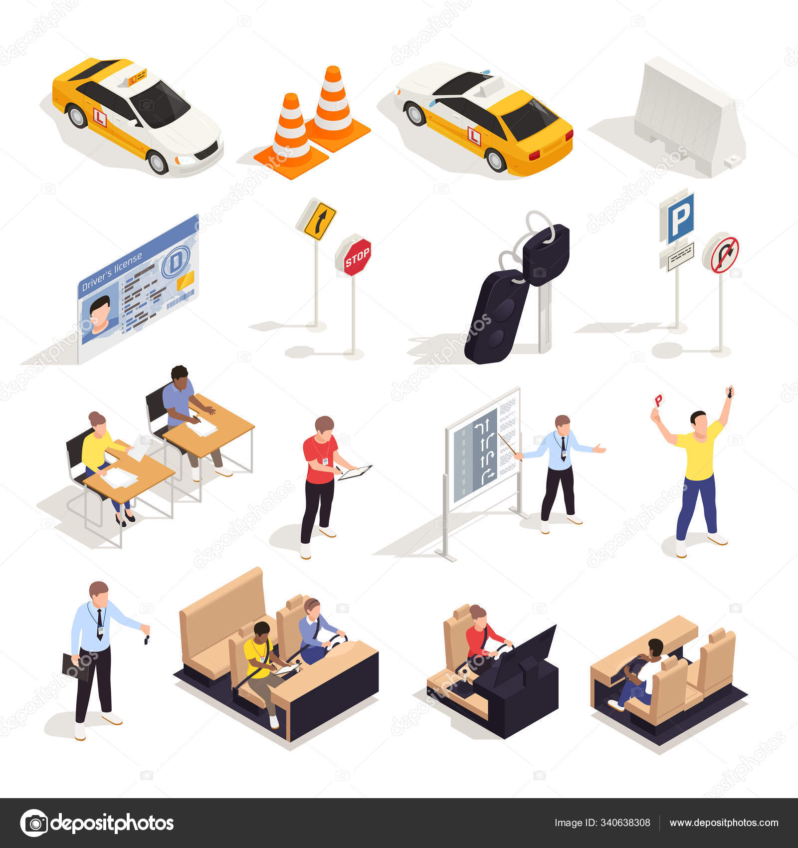 Iconos de la escuela de manejo isométrico Vector de stock #340638308 de ...