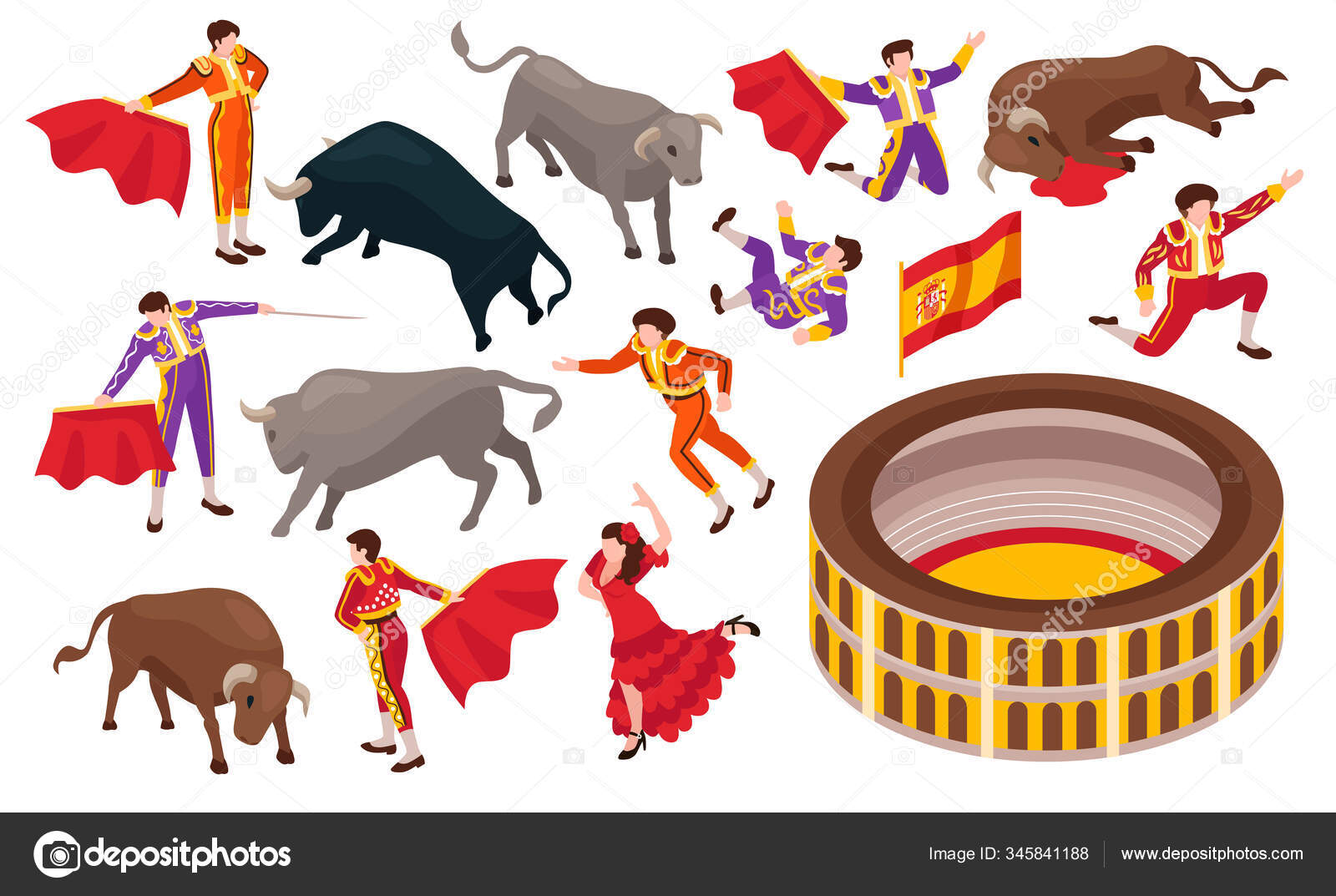 Isometric Bullfight Icon Set Stock Vector Image by ©macrovector #345841188