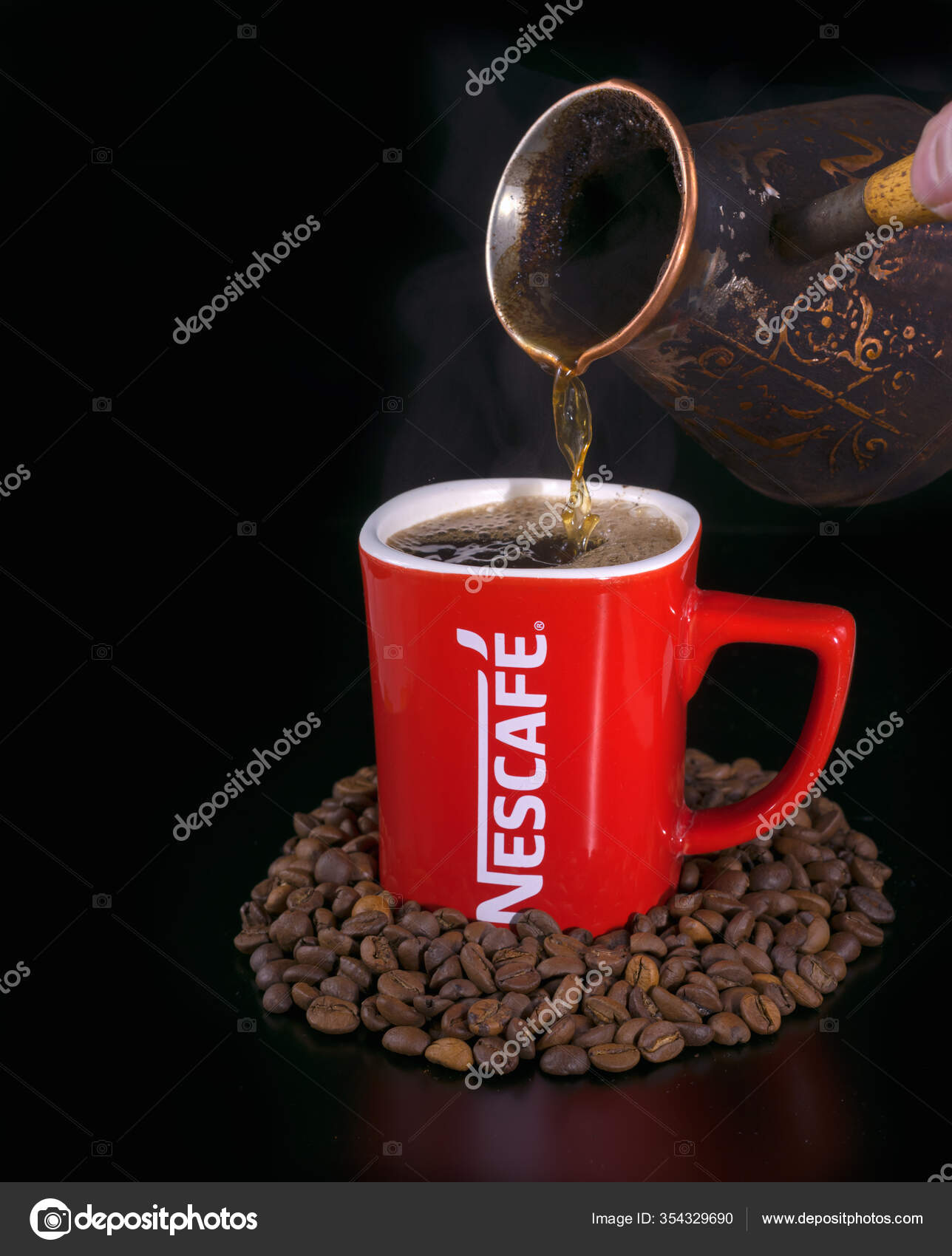 Nescafe Red Mug Background Scattered Coffee Beans Still Life 2019 ...